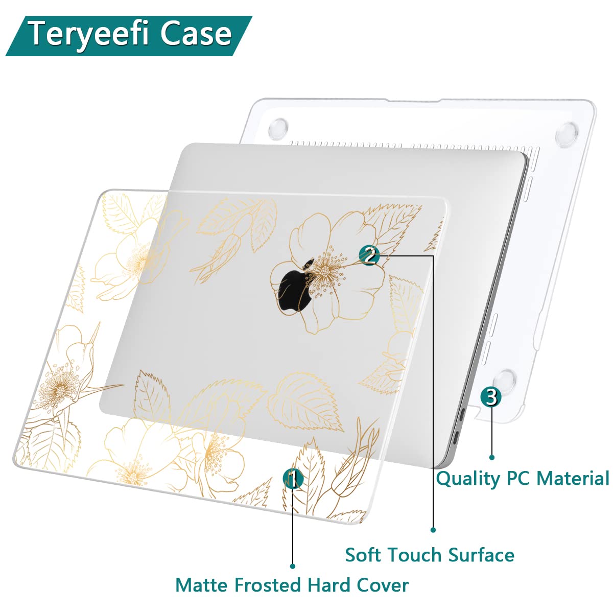 Teryeefi Compatible with 2018 2019 2020 MacBook Air 13 inch Case M1 Chip A2337 A2179 A1932 Retina Display Touch ID, Plastic Hard Shell & Keyboard Cover & Screen Protector,Gold Floral leaf