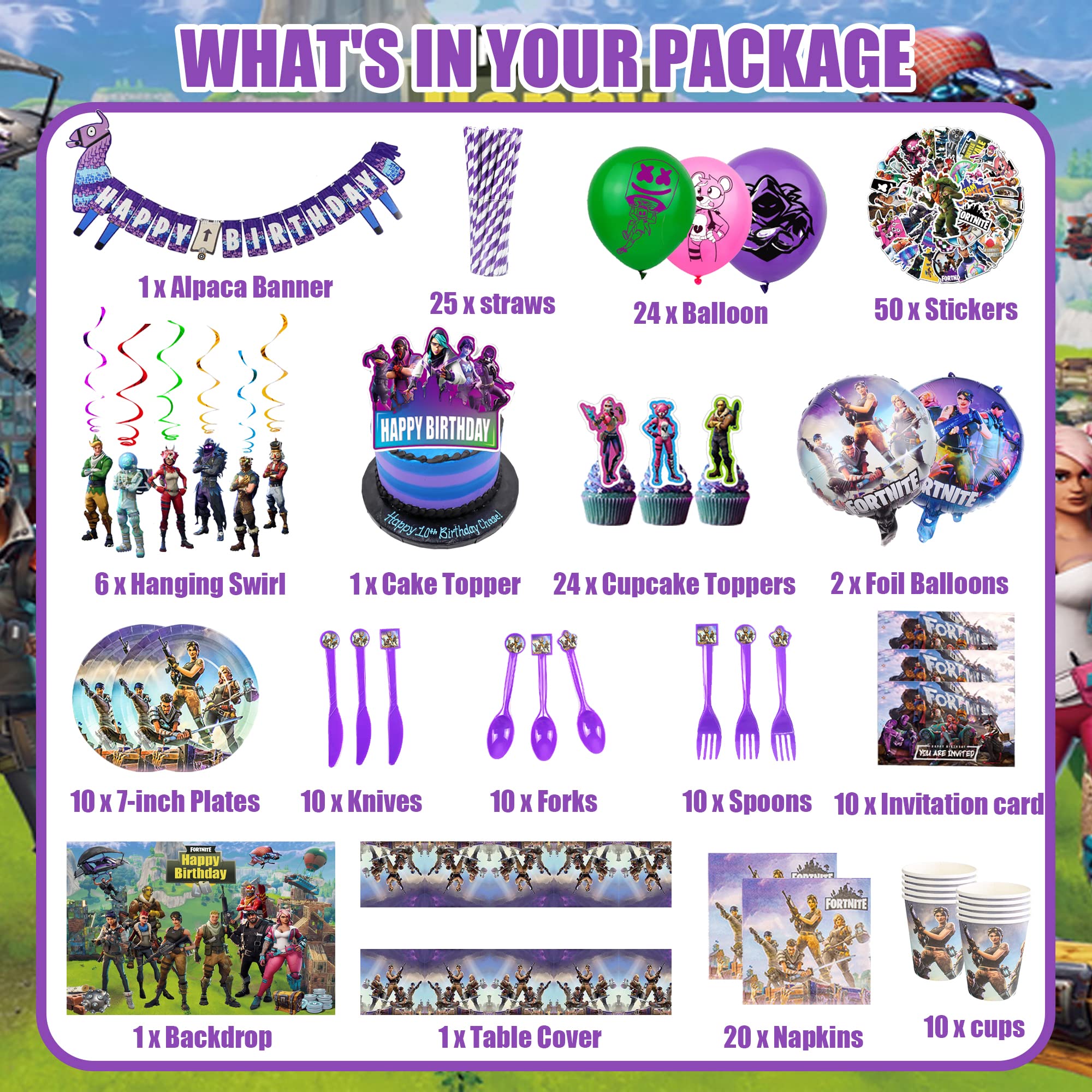 Video Game Party Supplie, 226 Pcs Birthday Decorations includes Happy Birthday Banner, Backdrop, Balloon, Cake Topper, Tableware, Napkins, Stickers