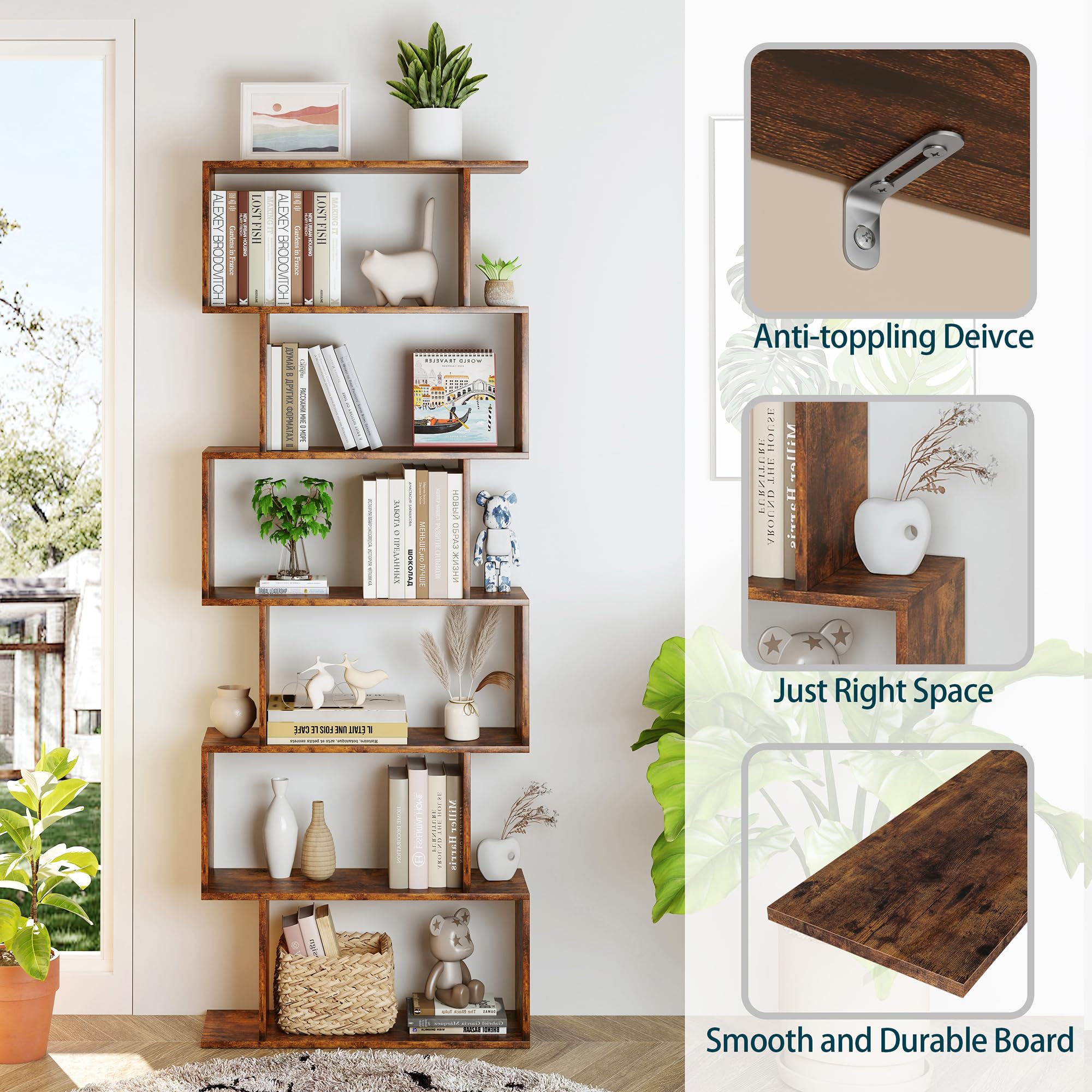 Yusong Geometric Bookcase, Bookshelf 6-Tier S Shaped Book Shelves for Bedroom, Modern Wood Decorative Display Shelf Tall Book Case for Home Office, Rustic Brown