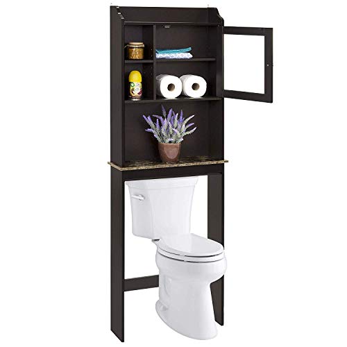 WISCLASS Modern Wood Bathroom Cabinet Organizer, Over-The-Toilet Storage, Space-Saving with Removable Adjustable Wood Panel and Silver Metal Door Handles, Black