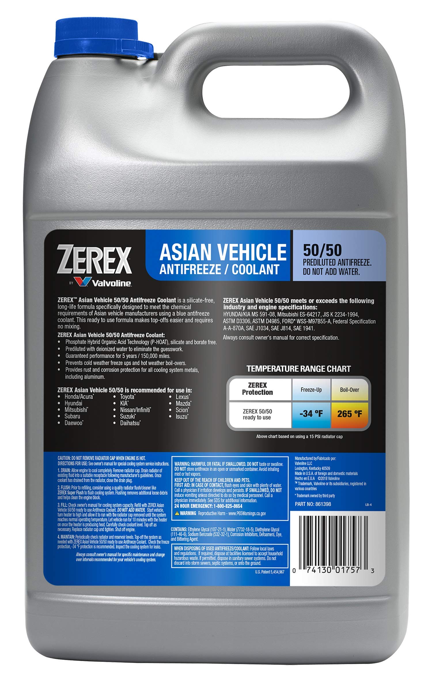 Zerex Asian Vehicle Blue Silicate and Borate Free 50/50 Prediluted Ready-to-Use Antifreeze/Coolant 1 GA