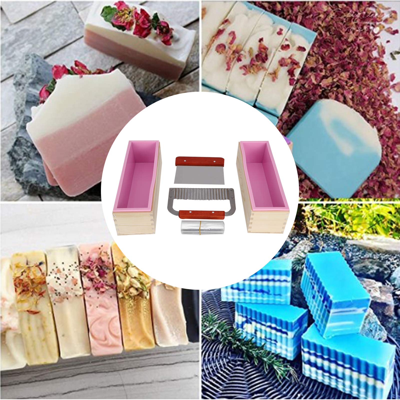 VTOSEN Soap Cutter Set, Silicone DIY Soap Making Kit, Hand-Made Mold Making Kit, Adjustable Cutting Mold Kit, with Stainless Steel Wavy & Straight Cutter(Pink)