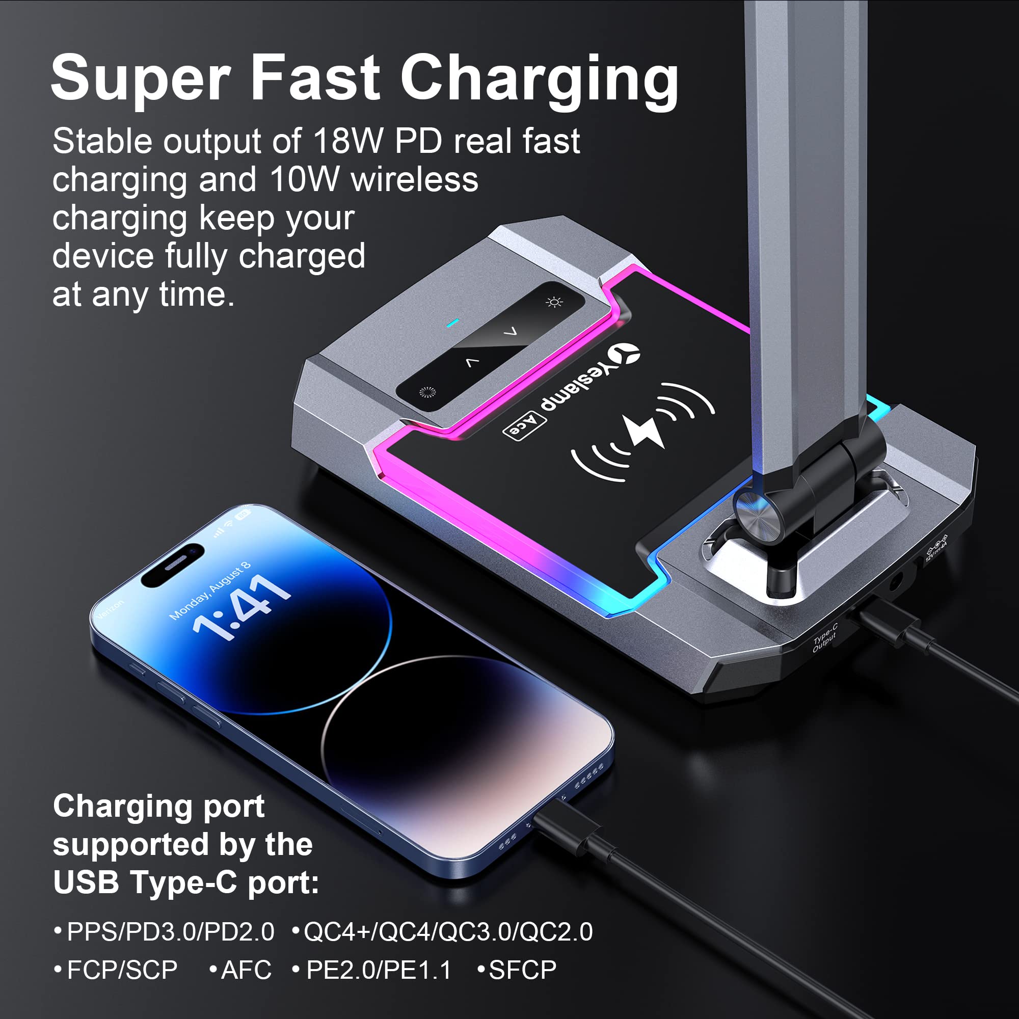 Yeslamp LED Desk Lamp with 10W Wireless and 24W USB-C Fast Charging, Ace RGB Dynamic, Natural Spectrum Desk Light,6 RGB Lighting Modes/Music Rhythm, Perfect for Gaming Setup, Live Video, Study, Home
