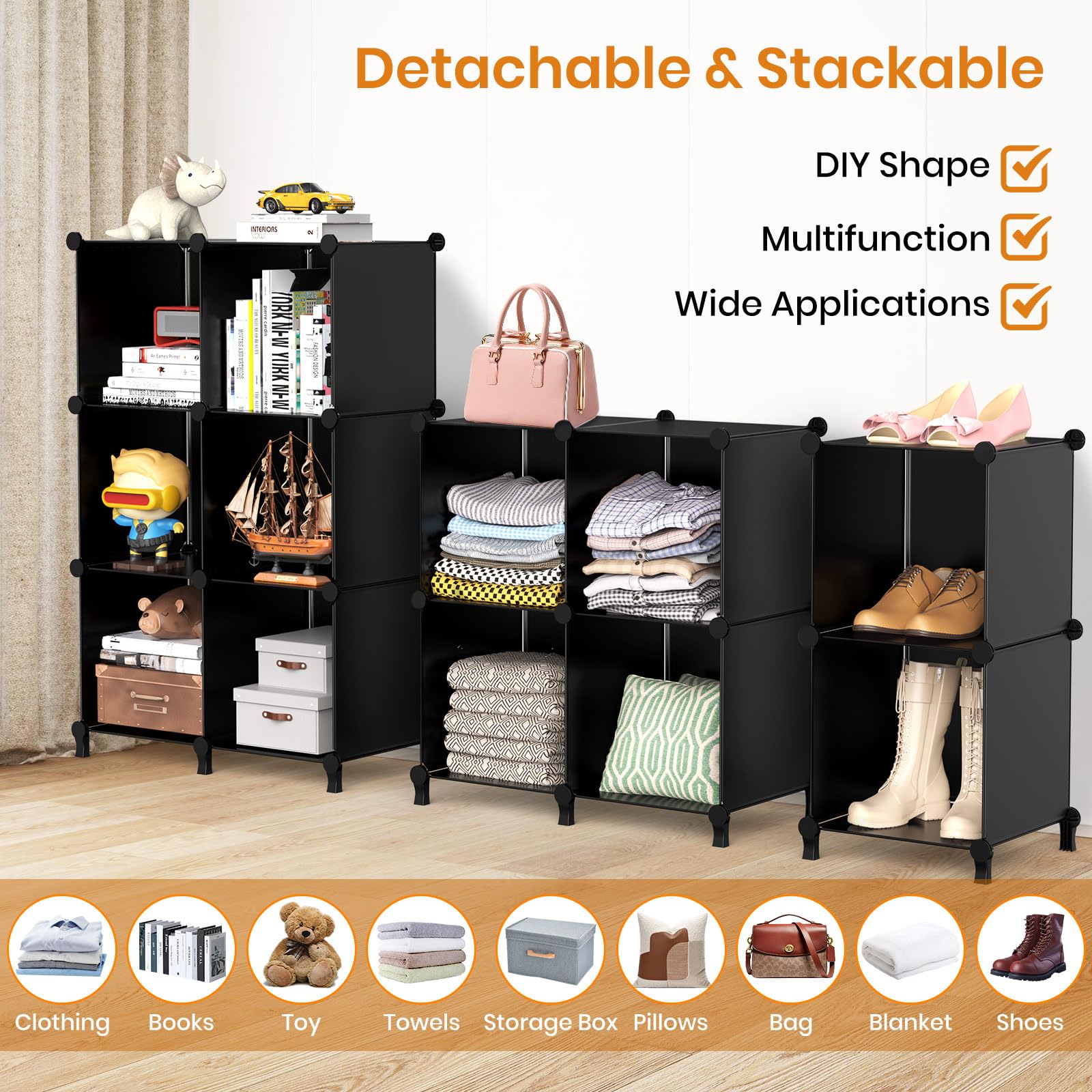 VTRIN Cube Storage Organizer, Large Capacity 12 Cube Storage Shelf Bookshelf DIY Stackable Plastic Cubby Shelving Cube Organizers for Closet, Bedroom, Living Room, Home Office, Black