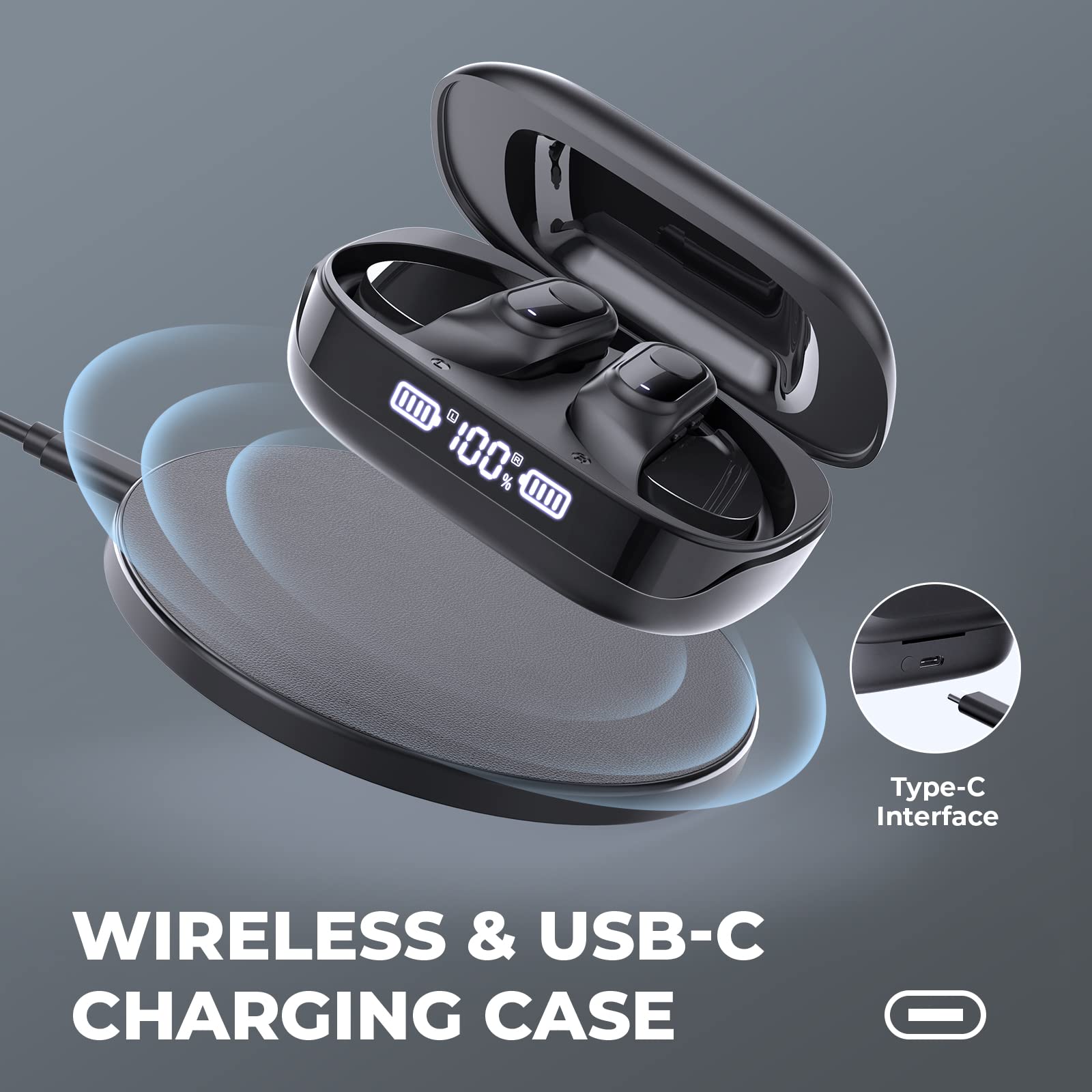 Wireless Earbuds Bluetooth 50 Hours Playtime Wireless Headphones Bluetooth 5.3 Ear Buds with Earhooks Mic LED Digital Display Charging Case in Over Ear Earphones Running Sport Earbuds Titanium black