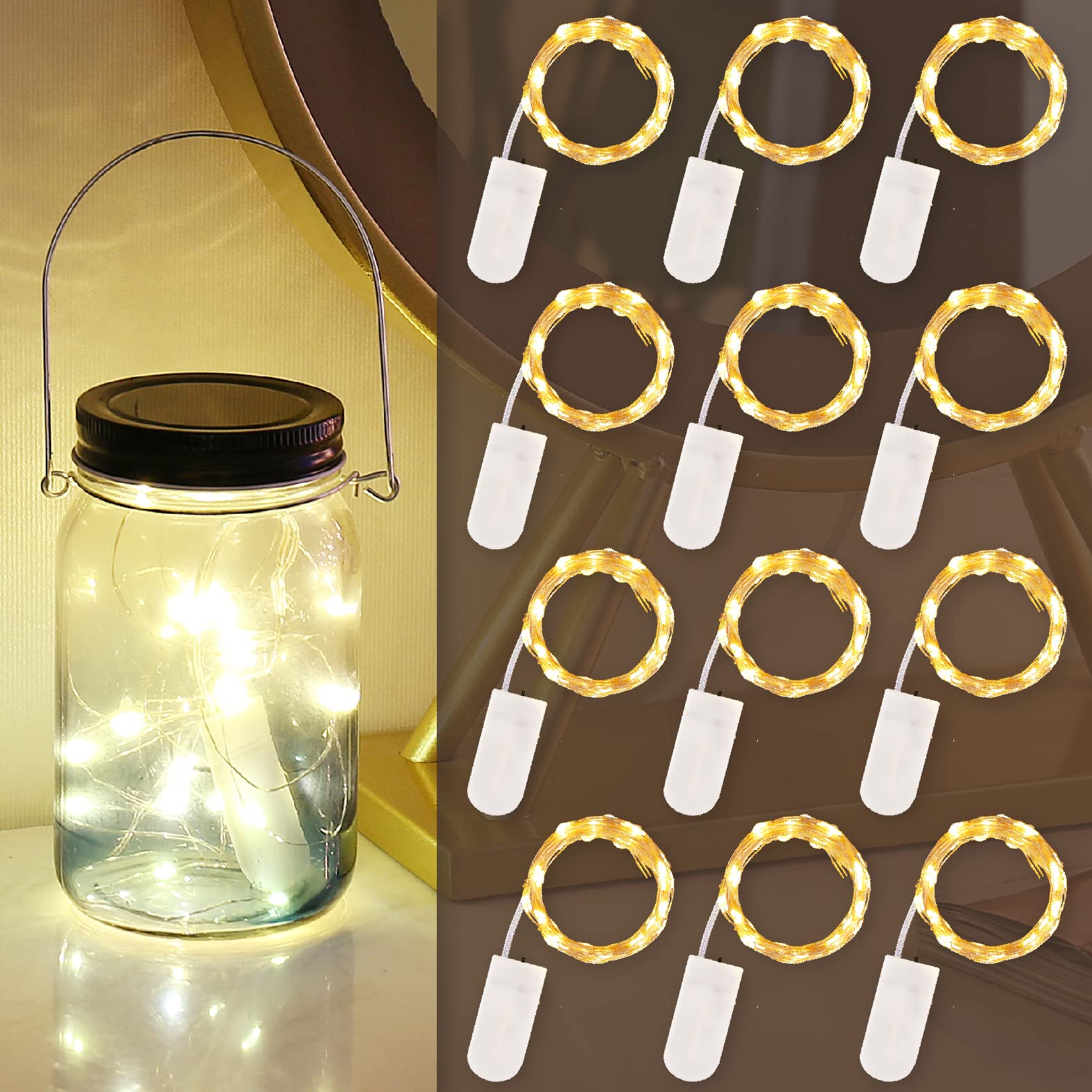 ZSJWL 12 Pack Fairy Lights Battery Operated,7Ft 20 Led Mini Battery String Lights, Waterproof Copper Wire Lights for Wedding Party Bedroom Christmas Decoration, Warm White
