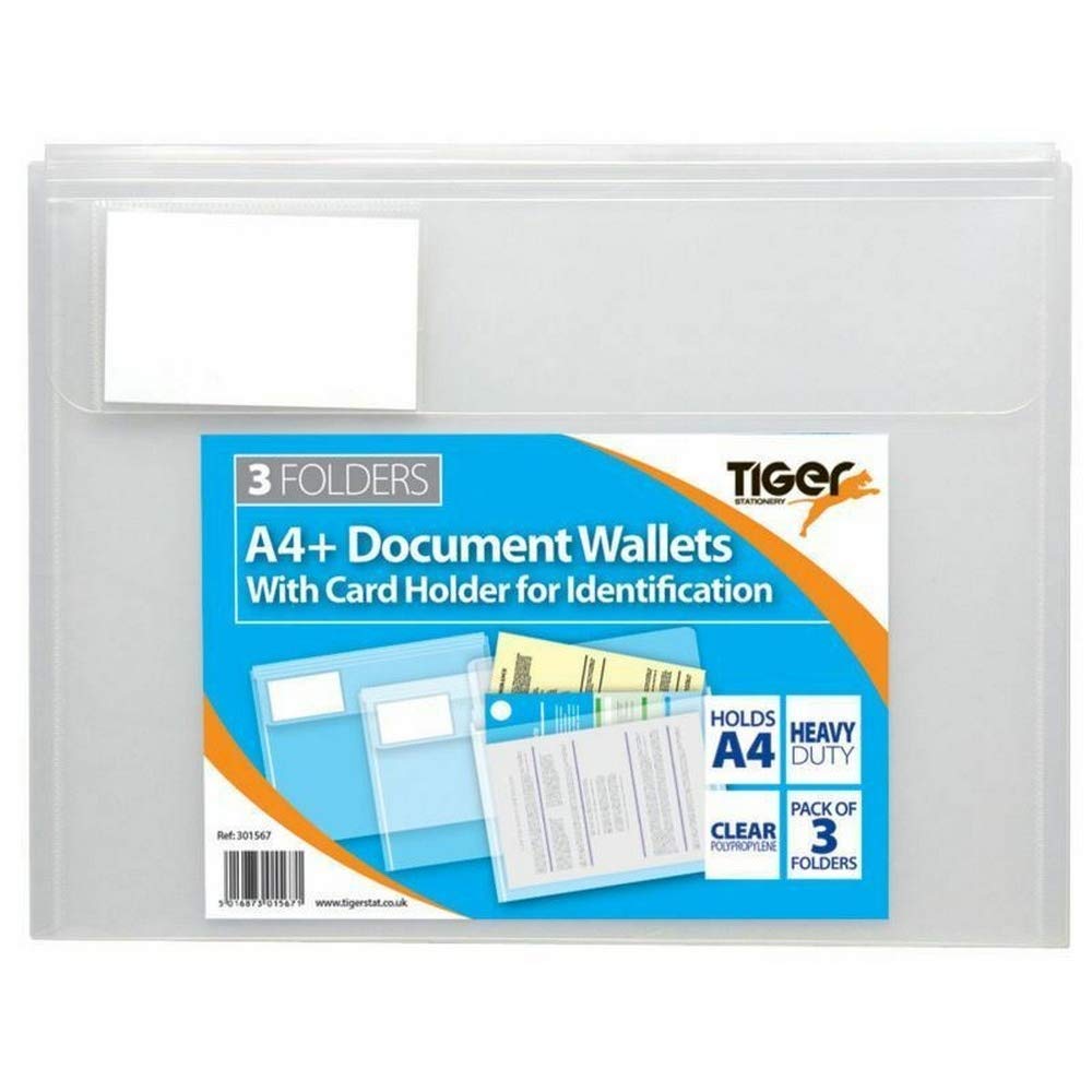 Tiger Stationery A4 Document Wallet (Pack of 3) (One Size) (Transparent)