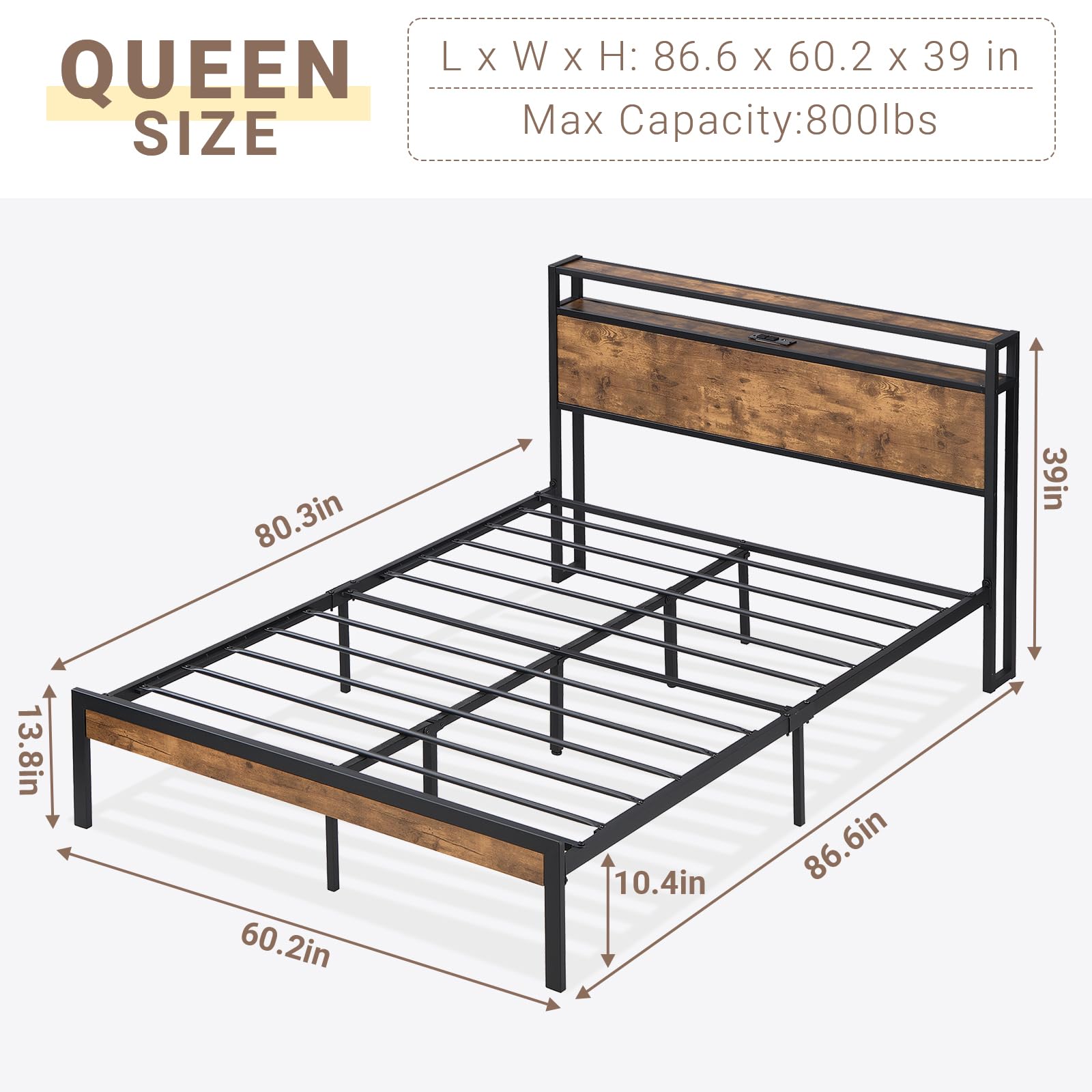 Zevemomo Queen Bed Frame, Queen Size Metal Platform Bed Frame with 2-Tier Storage Wood Headboard and Power Outlets, USB Ports Charging Station/No Box Spring Needed/Noise-Free/Easy Assembly/Brown
