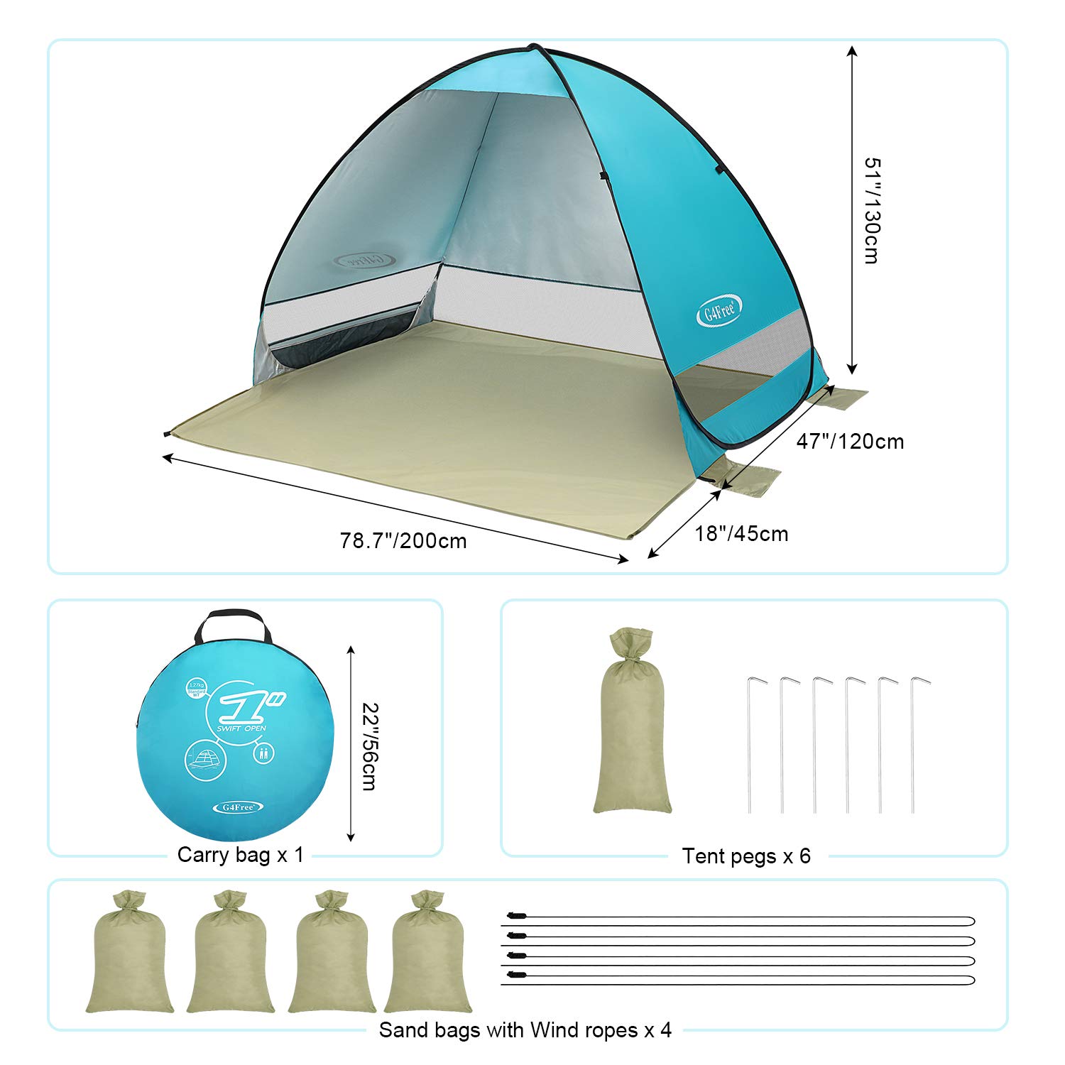 G4Free Large Pop up Beach Tent for 3-4 Person, UPF 50+ Automatic Sun Shelter Canopy Portable Outdoor Cabana Sun Umbrella