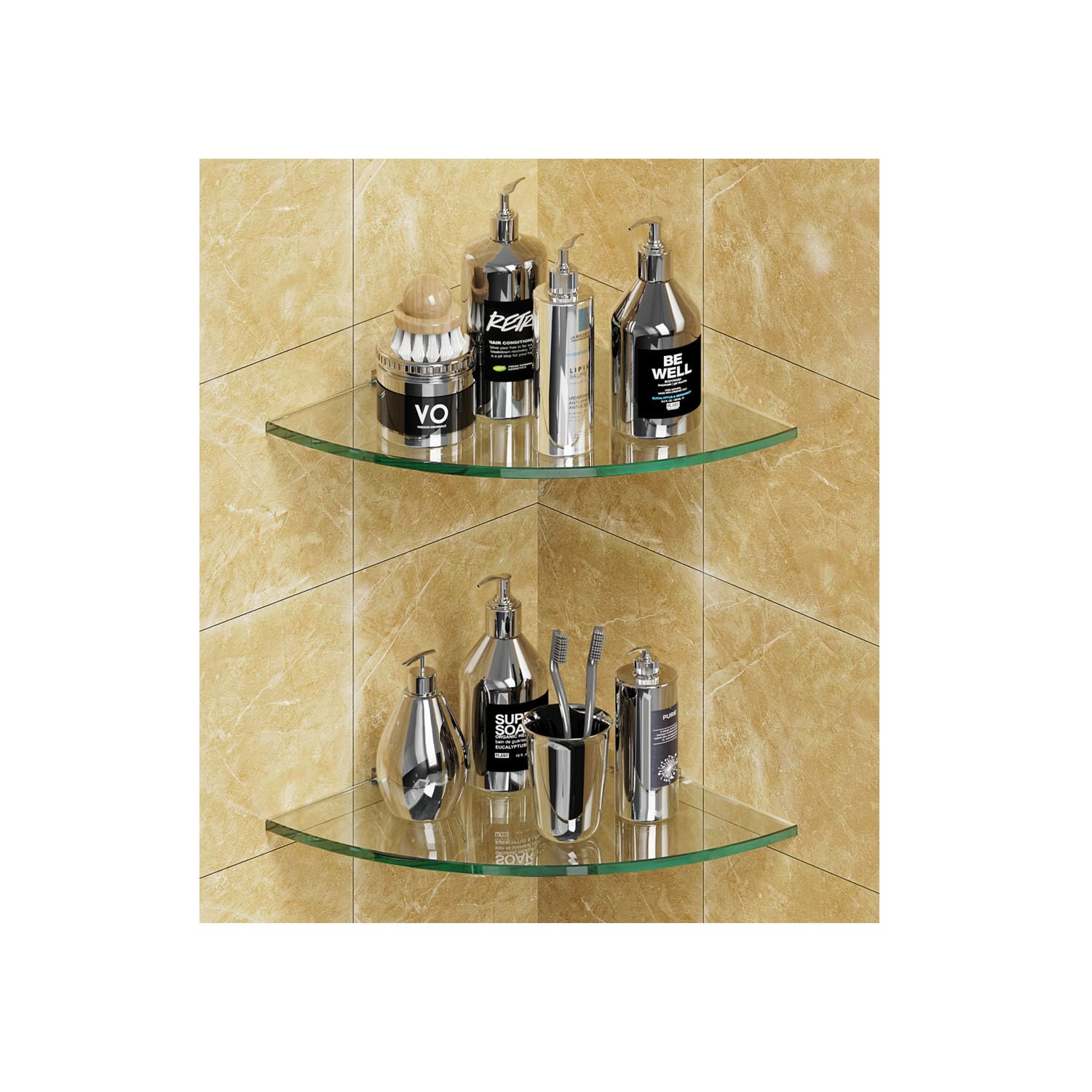 Vingkool 2-Tier Glass Shelf Corner Shower Caddies, Bathroom Shower Organizer, Shampoo Holder Shower Shelves for Inside Shower Bathtub with Adhesive (No Drill)