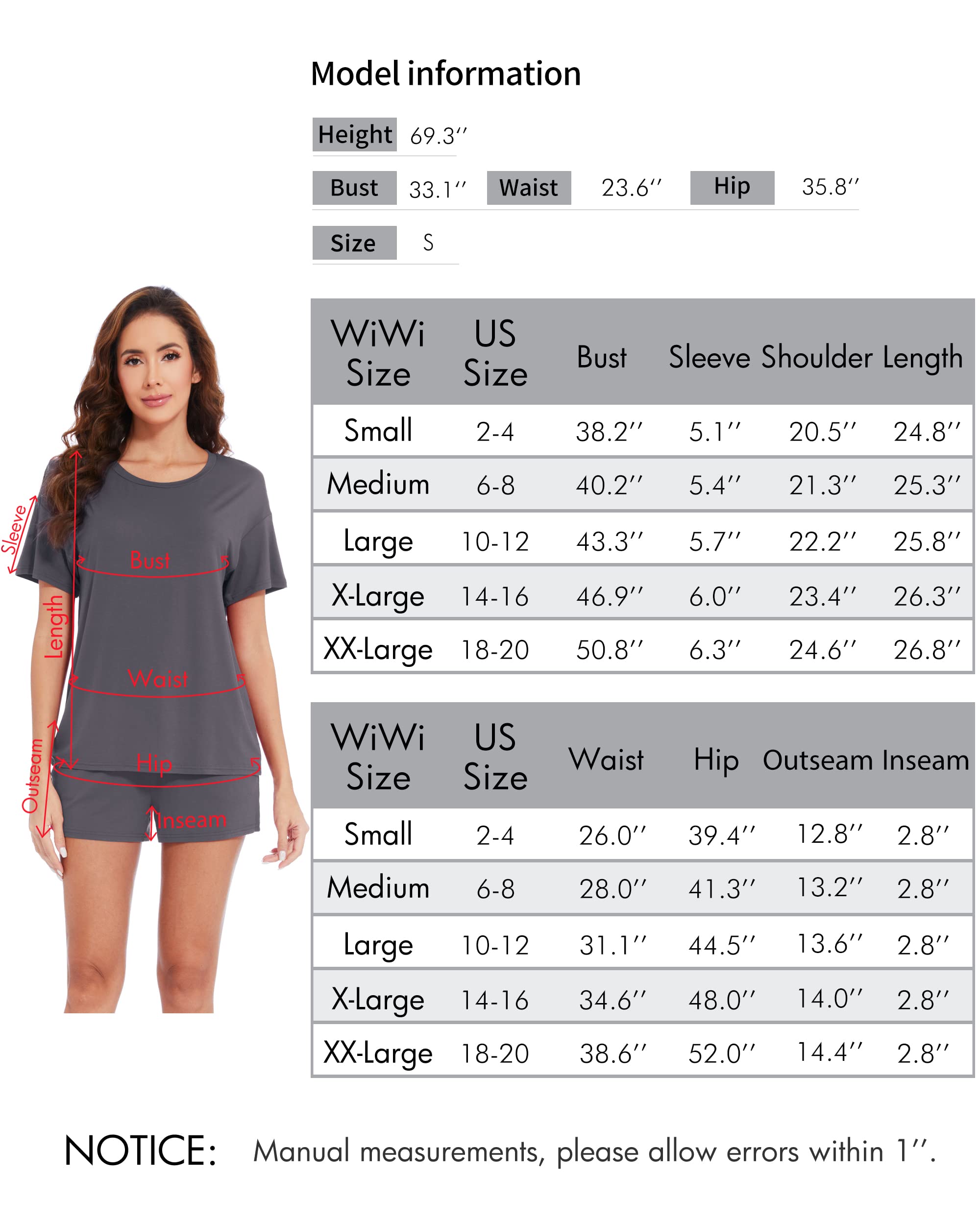 WiWi Pajamas for Women Soft Short Sleeve Sleepwear Cooling Pajama Set Shorts Pjs Loose Comfy Lounge Sets S-XXL, Black, X-Large