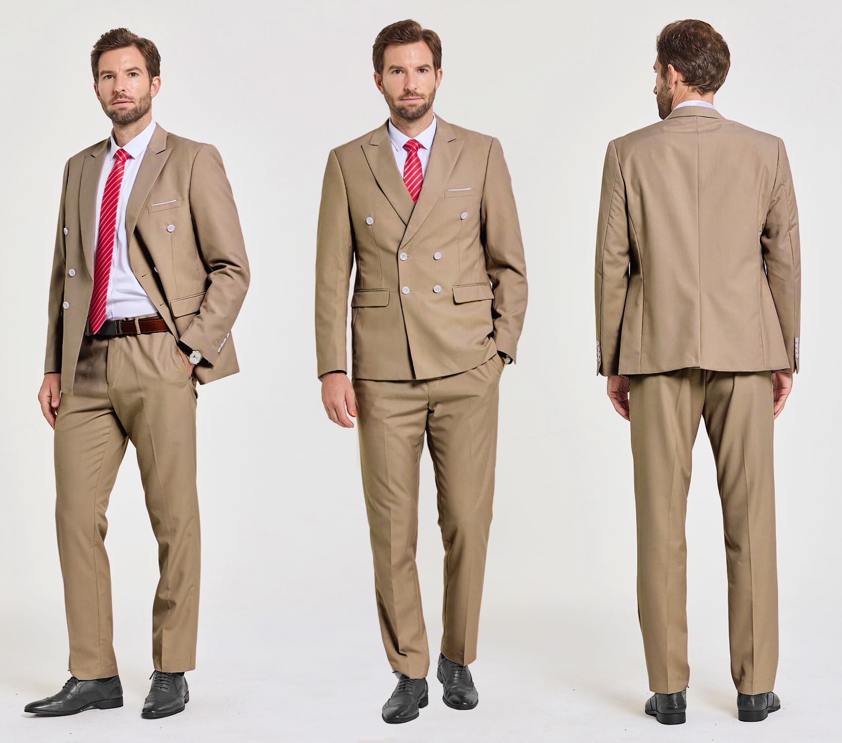 YND Men's Slim Fit 2 Piece Suit, Double-Breasted Jacket Pants Set with Tie, Solid Party Wedding Dress Blazer, Tux and Trousers Khaki