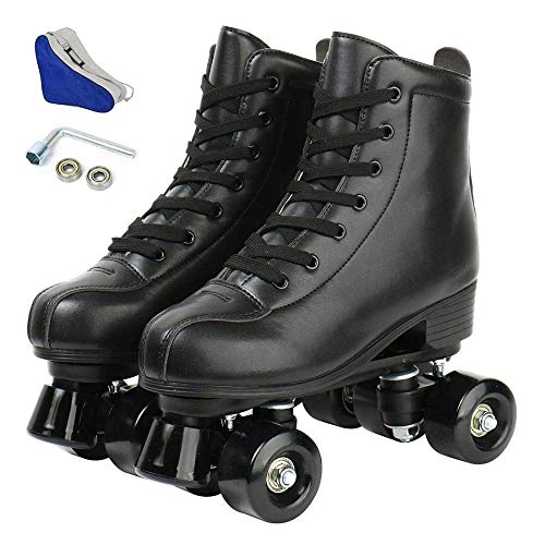 YYW Roller Skates for Women Men, High Top PU Leather Classic Double-Row Roller Skates, Indoor Outdoor Roller Skates for Beginner a Shoes Bag (Black Black Wheel, 41)