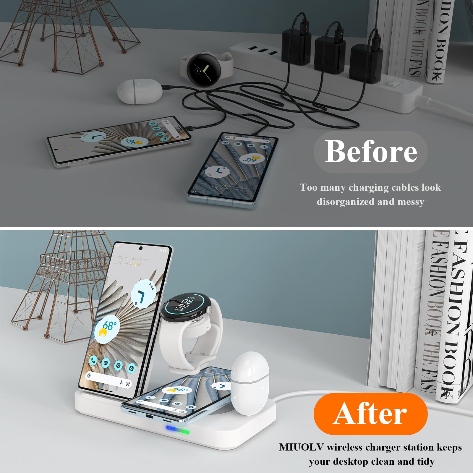 Upgraded 4 in 1 Wireless Charger for Google Pixel Watch 1, Pixel 8 Pro/8/7A/Fold/7/7 Pro/6/6 Pro/5/4/3/XL, Pixel Buds Pro, Foldable Wireless Charging Station for Google Pixel, iPhone, Airpods, Samsung