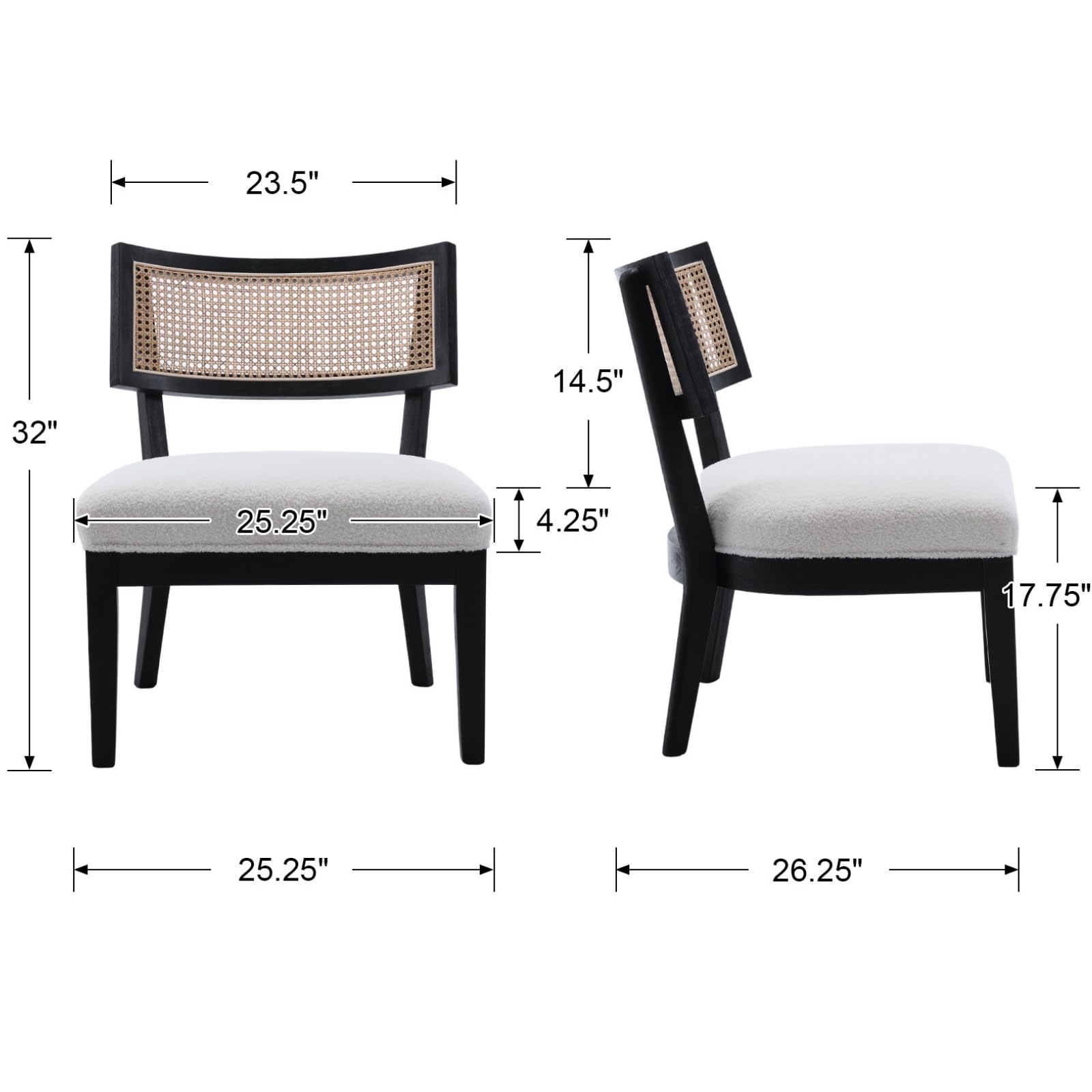 ZSARTS Modern Rattan Accent Chairs, White Sherpa Armless Upholstered Chairs with Cane Back Reading Chairs Lounge Chairs for Living Room/Bedroom/Reception, White…