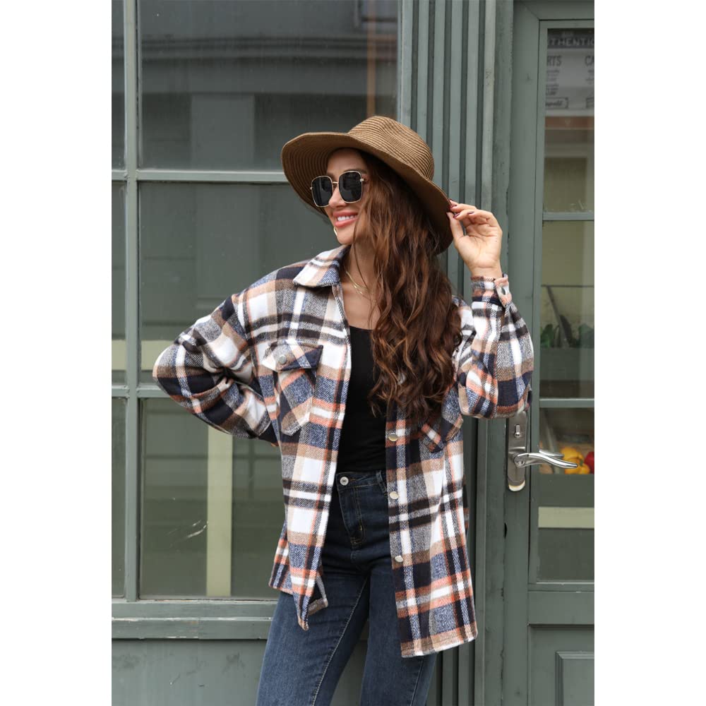 Women Classic Flannel Plaid Jacket Button Down Boyfriend Long Sleeve Lapel Shirts Casual Blouses Tops (Blue, Small)