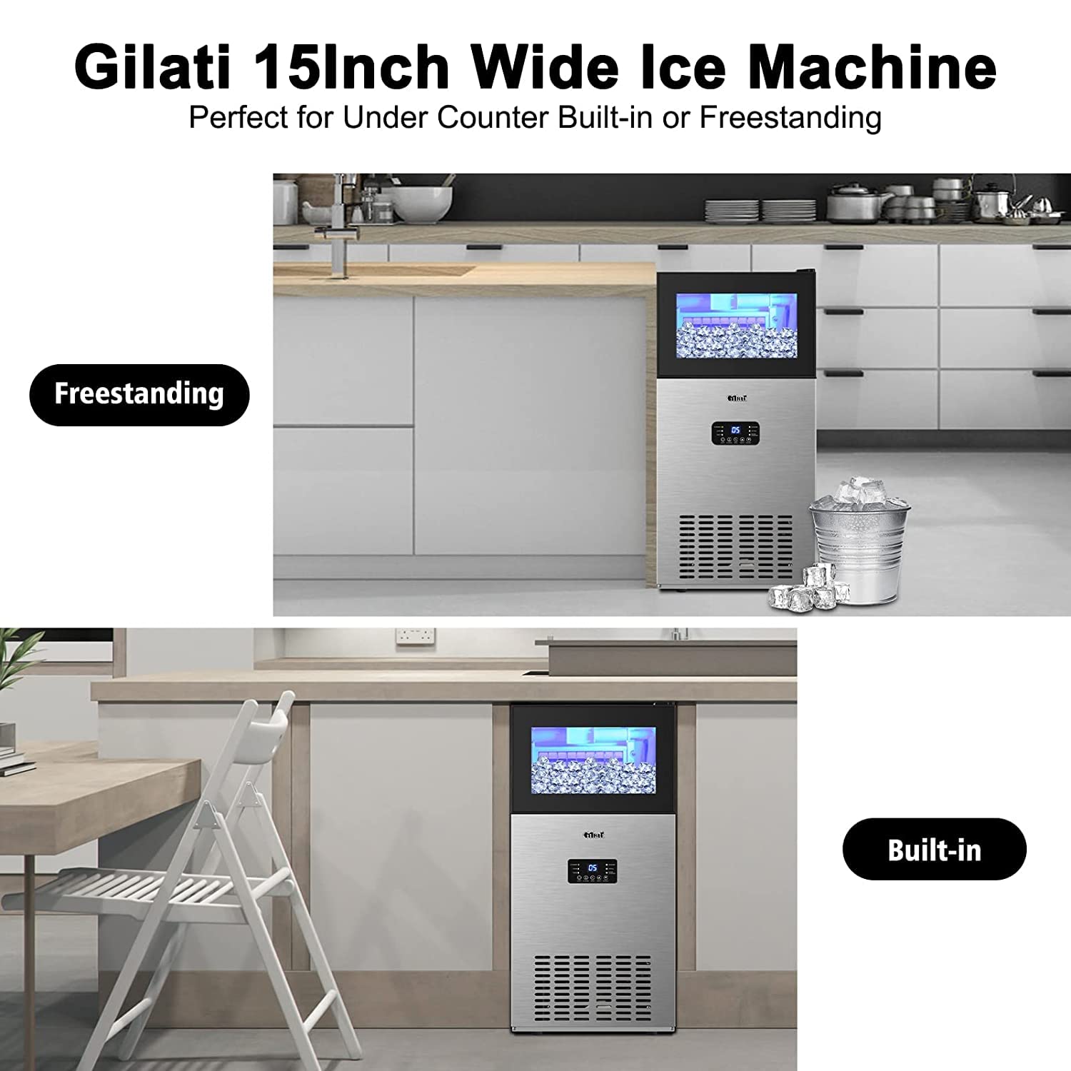 Upgraded Commercial Ice Maker Machine 160LBS/24H with 35LBS Storage Bin, 15Inch Wide Ready 11-20 Mins Under Counter/Freestanding Stainless Steel Large Ice Machine