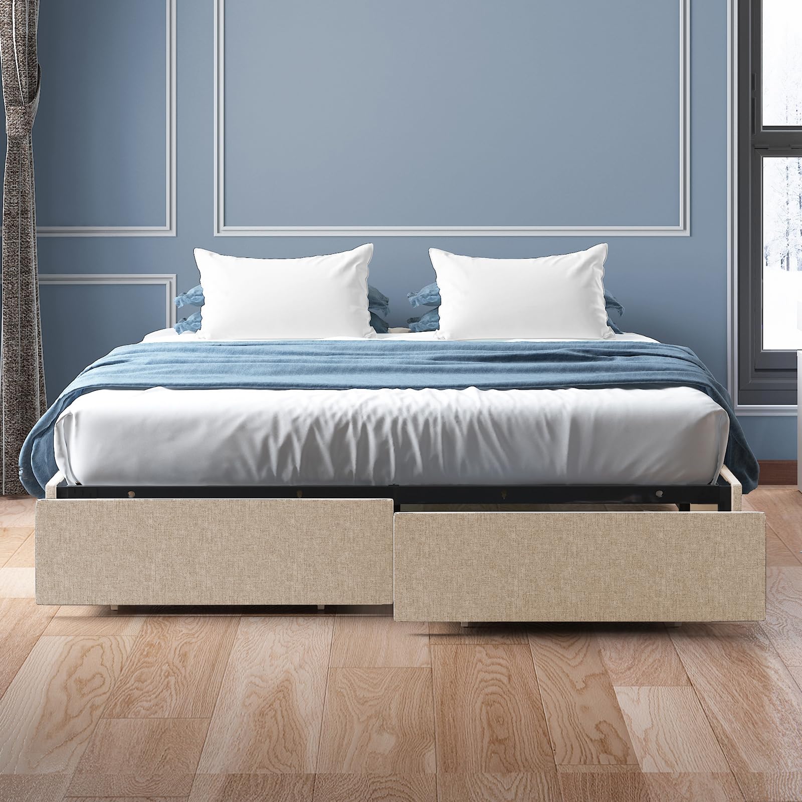 ZAFLY Cal King Size Bed Frame with Storage Drawers, Wood Slat Support Bed Frame, Linen Fabric Upholstered Platform Bed, Bed Frame with Large Storage Space Beige