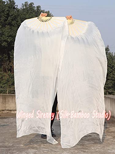 Winged Sirenny Belly Dance Silk Fan Veils Adjustable Pairs, 70"(180 cm) Worship Praise Flags Streamers(white)