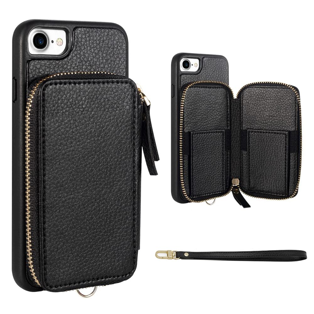 ZVE Wallet Case for iPhone SE 2022 for iPhone 8 and iPhone 7, 4.7 inch, Zipper Wallet Case with Credit Card Holder Slot Handbag Purse Wrist Strap Protective Case for iPhone 8/7/SE, 4.7 inch - Blue