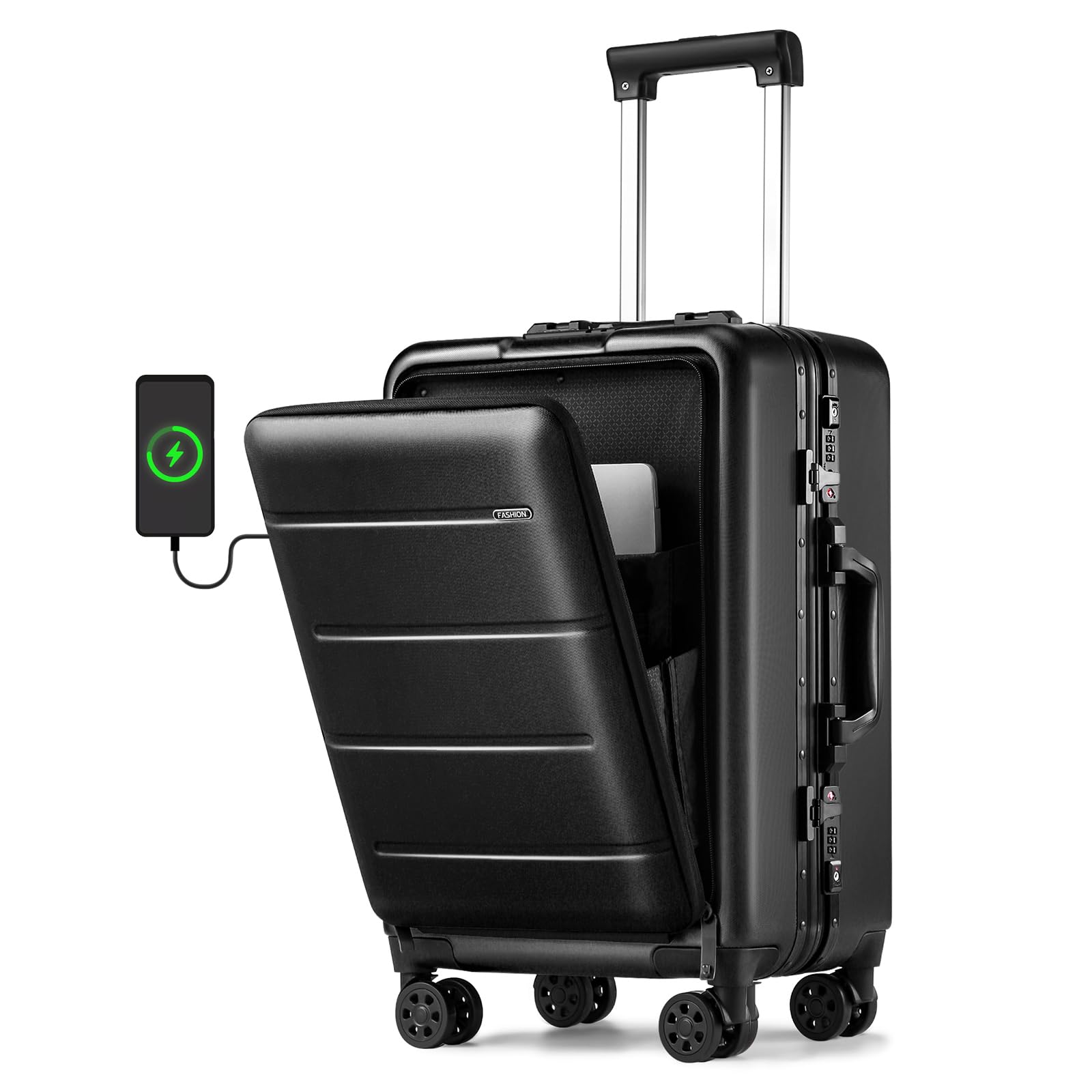 YUNASAY Aluminum Frame 22x14x9 Carry on Luggage with Front Compartment & USB Charging Port, PC Hardside Suitcase with Spinner Wheels TSA Lock for Travel Rolling Luggage (Titanium Gray, 20inch)