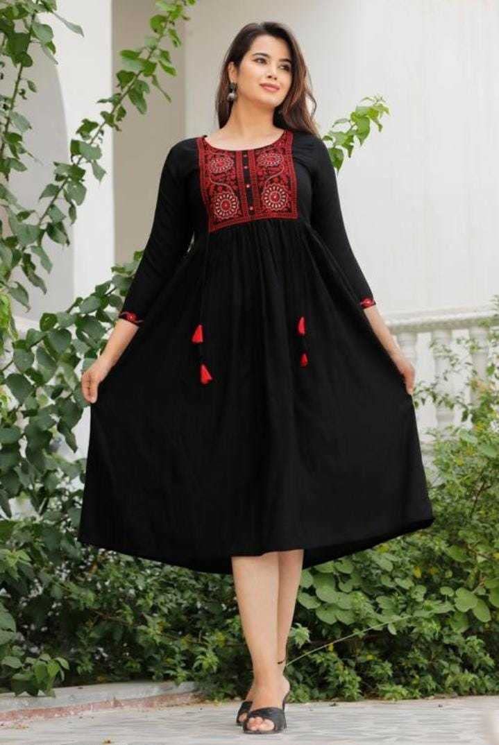 Women's Rayon Embroidery Calf Length Anarkali kurti (Black, X-Large)