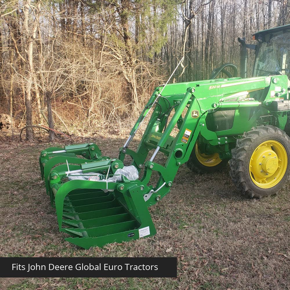 Titan Attachments 84in Global Euro Root Grapple Bucket Attachment Fits John Deere Tractors, Dual 3,000 PSI Hydraulic Cylinder, Green Finish, Serrated Leading Edge Bottom Teeth