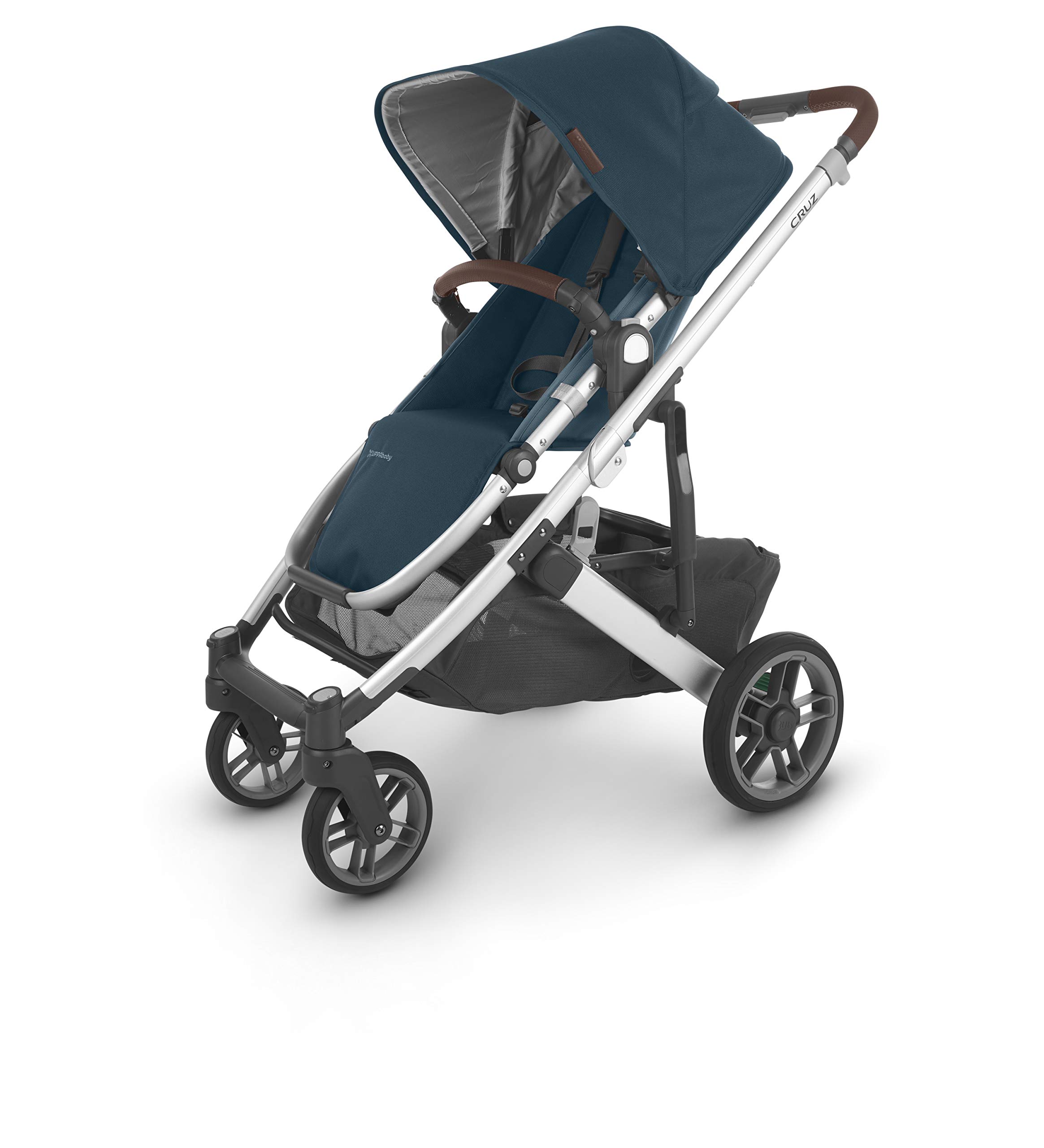 UPPAbaby Cruz V2 Stroller - Finn (Deep Sea/Silver/Chestnut Leather) + Mesa Infant Car Seat - Jake (Black)