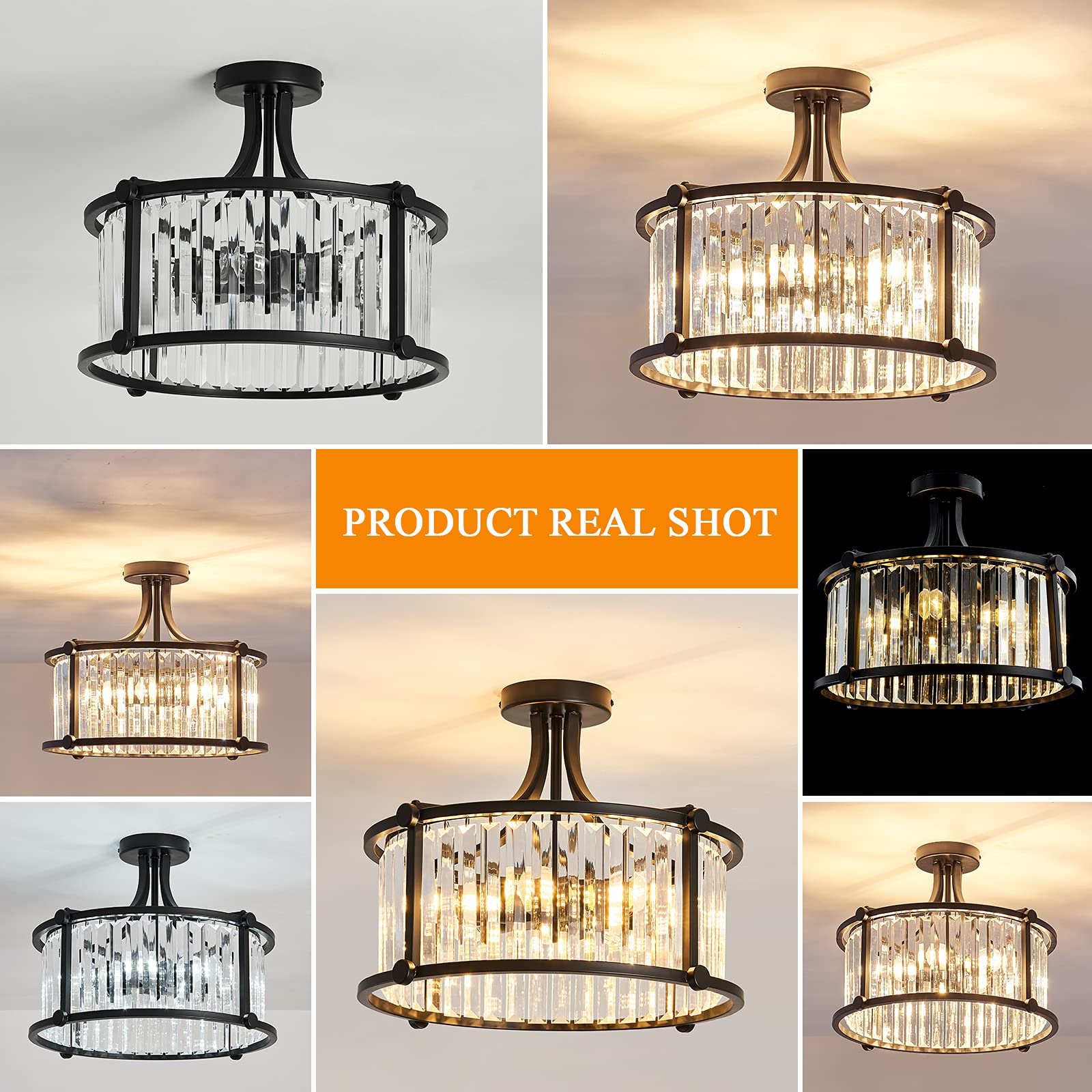 YYJLX 6-Light Black Semi Flush Mount Crystal Chandelier Metal Modern Ceiling Light Fixture Lighting for Living Room Dining Room Kitchen Bedroom Foyer Hallway