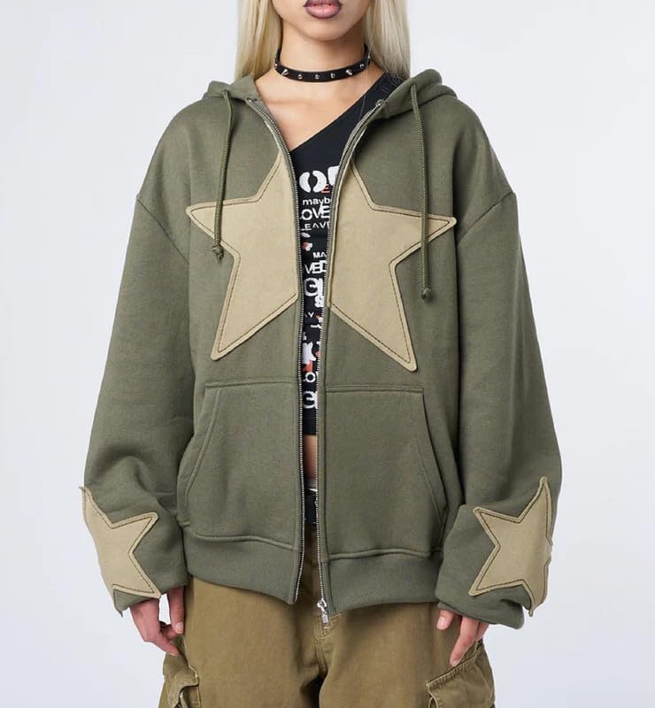 Womens Y2K Long Sleeve Hoodies Zip Up Star Graphic Track Jackets Hip Hop Harajuku Oversized Sweater Sweatshirts