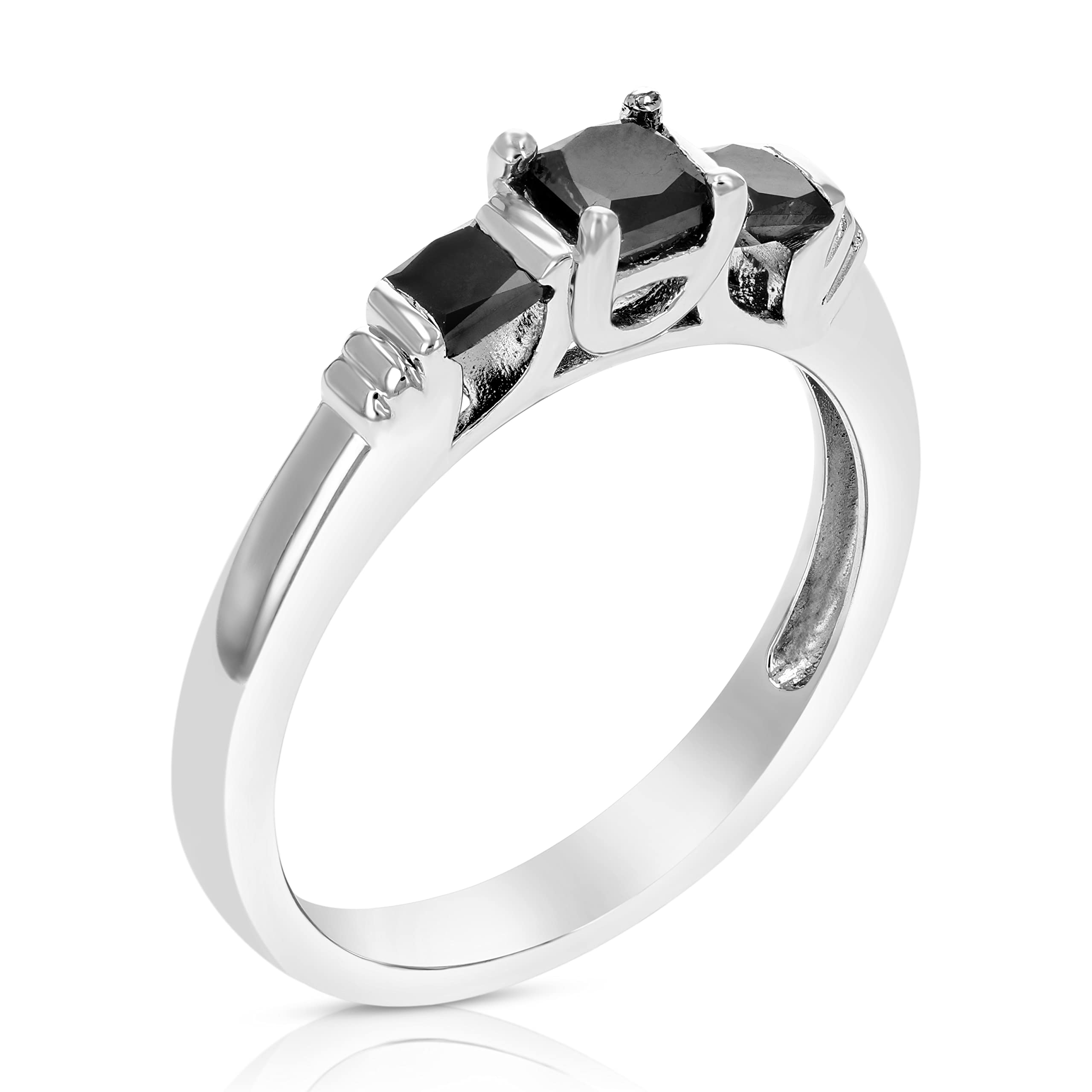 VIR JEWELS 3/4 cttw 3 Stone Princess Cut Black Diamond Enagement Ring .925 Sterling Silver Size 7