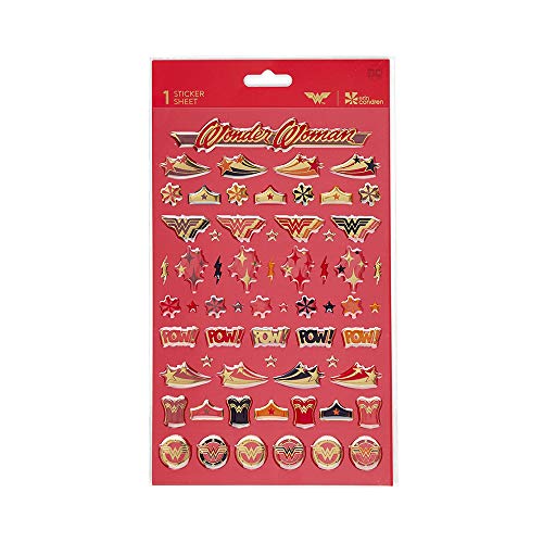 Wonder Woman x Erin Condren Designer Sticker Sheet - Classic Wonder Woman Epoxy High Gloss Stickers - 64 Stickers on Gold Foil Sheet for Customizing Planners, Notebooks, and More