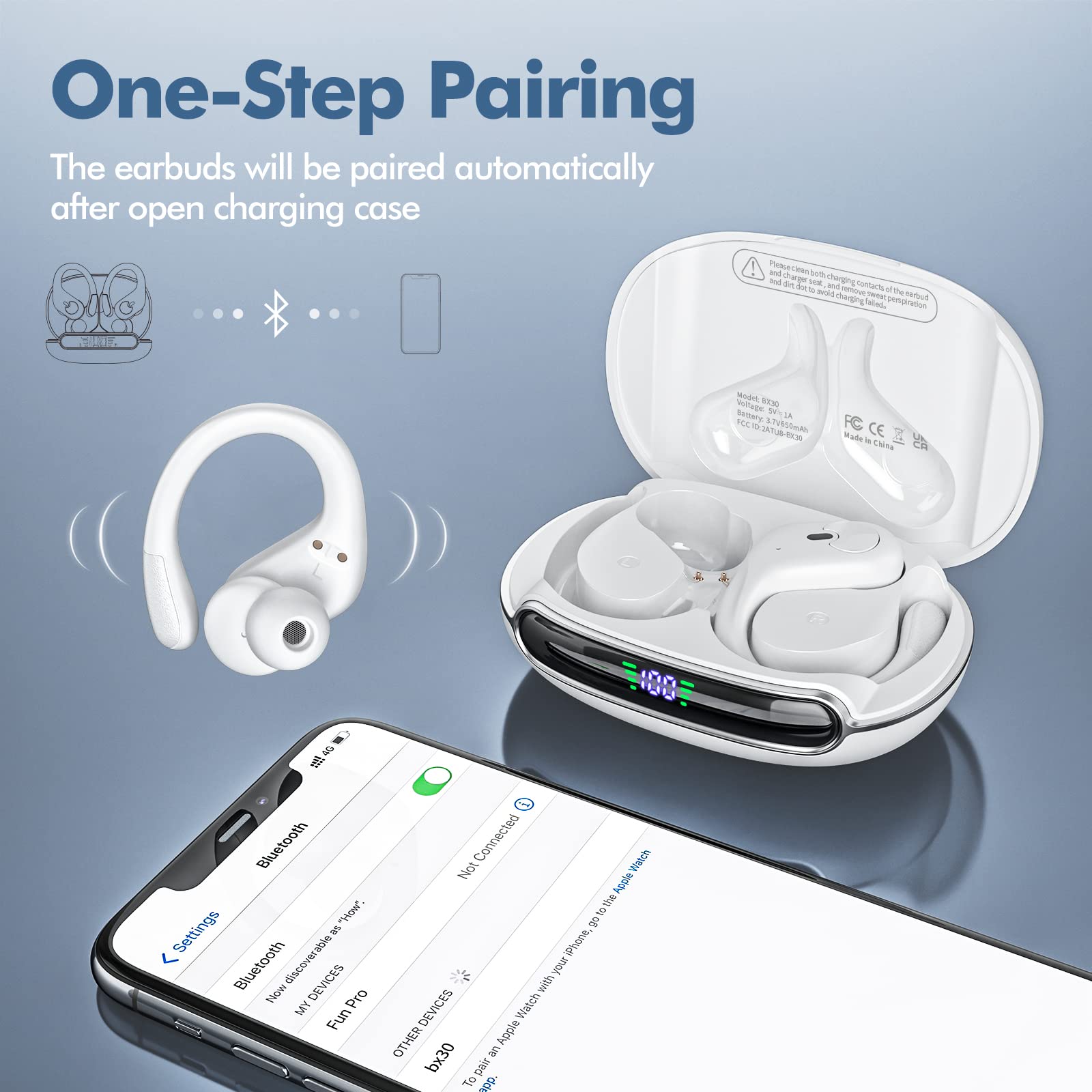 Wireless Earbuds, Bluetooth Headphones 80Hrs Playback with LED Diaplay Charging Case Noise Cancelling Ear buds with Earhooks, IPX7 Waterproof Over Ear Earphones for Sports Running Workout(White)