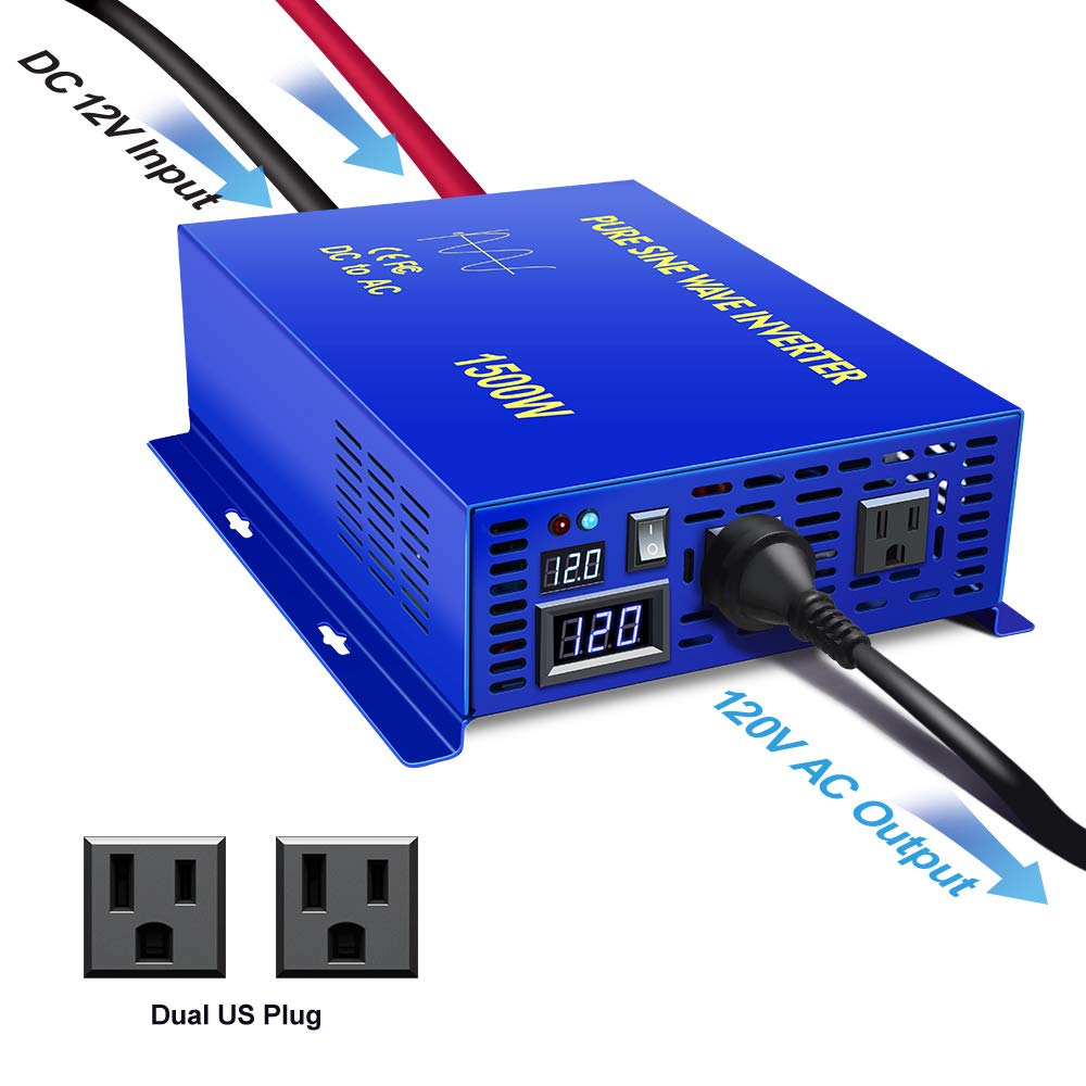 XYZ INVT Pure Sine Wave Inverter - 1500W Power Convert12v dc to 110v ac at 60hz for Solar System (1500w/12v)
