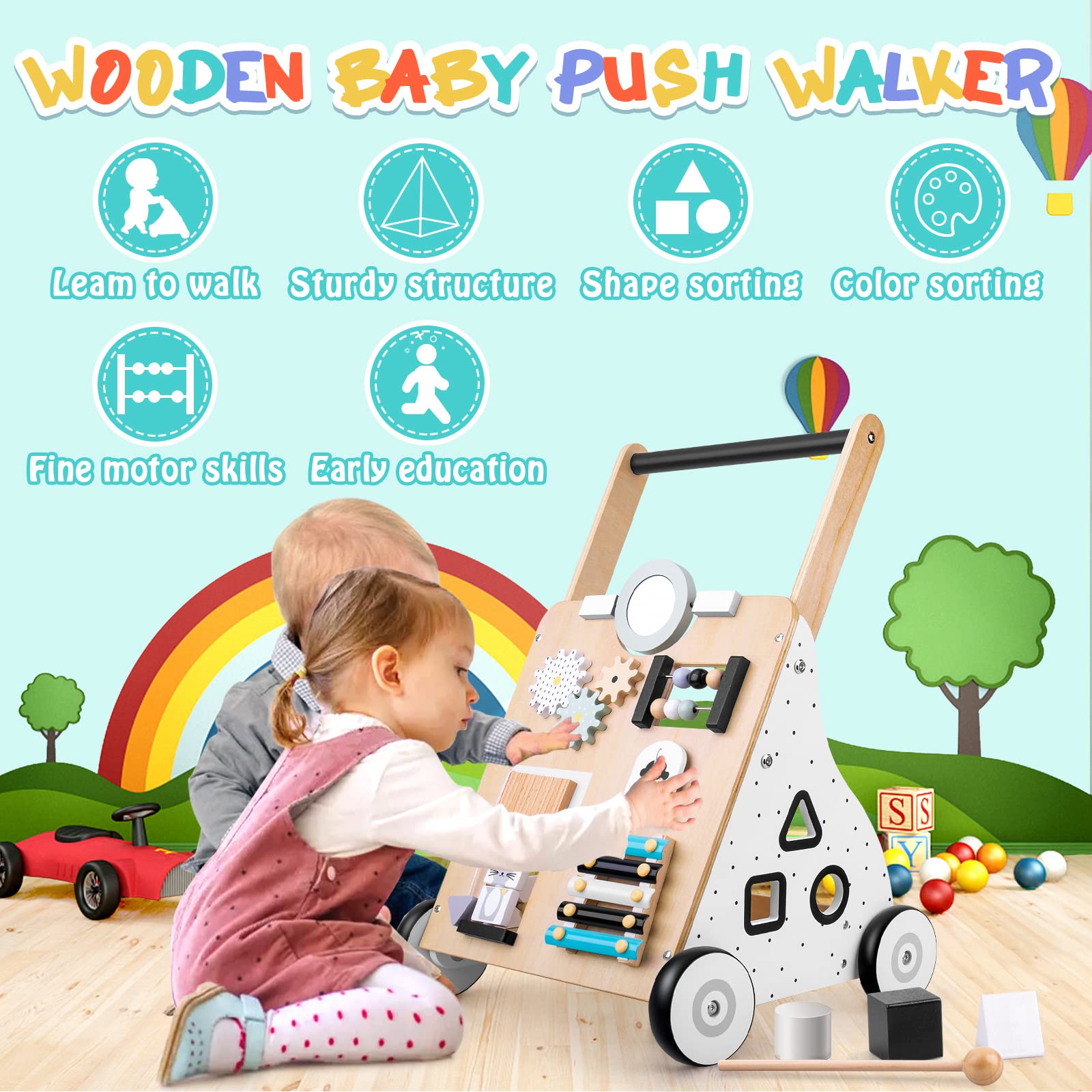 Wooden Baby Push Walker, Pull Learning Activity Walker Baby Walking Toy with Wheels Infant Walker Multiple Activities Center Toddler Walker for Boys and Girls
