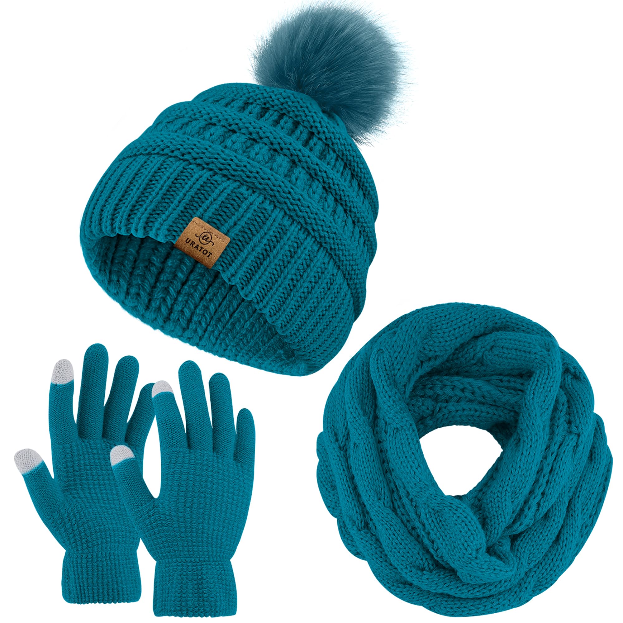 URATOT Winter Warm Knitted Sets Beanie Pompom Hat Scarves Winter Touchscreen Gloves Scarf Set for Men Women