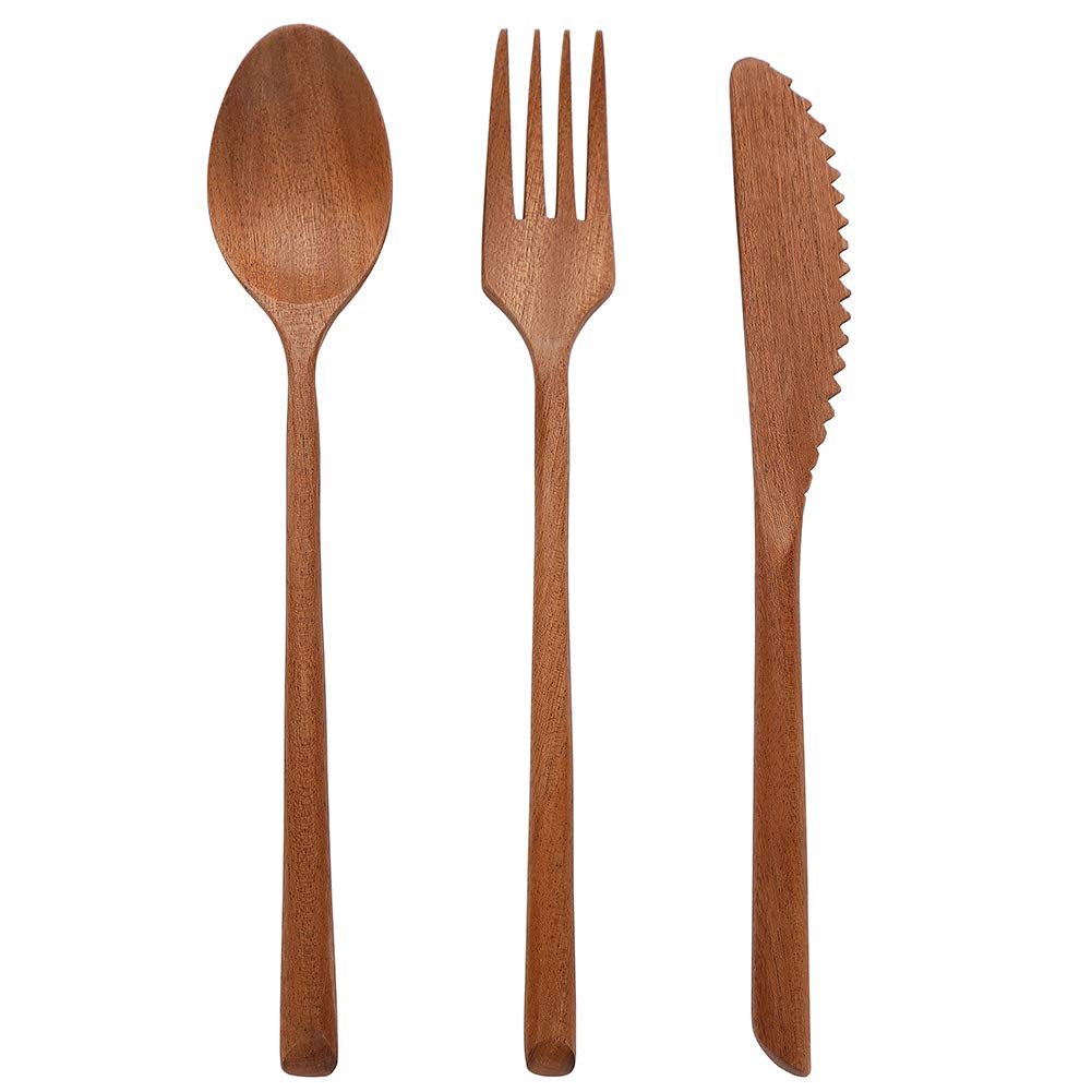 Wood Flatware Sets, Spoons and Forks Set, Reusable Utensils Set,3 Pieces Wooden Spoon Fork Knife Cutlery Set Wooden Dinner Utensil Set, Wooden Kitchen Dinnerware Portable Utensils for Home