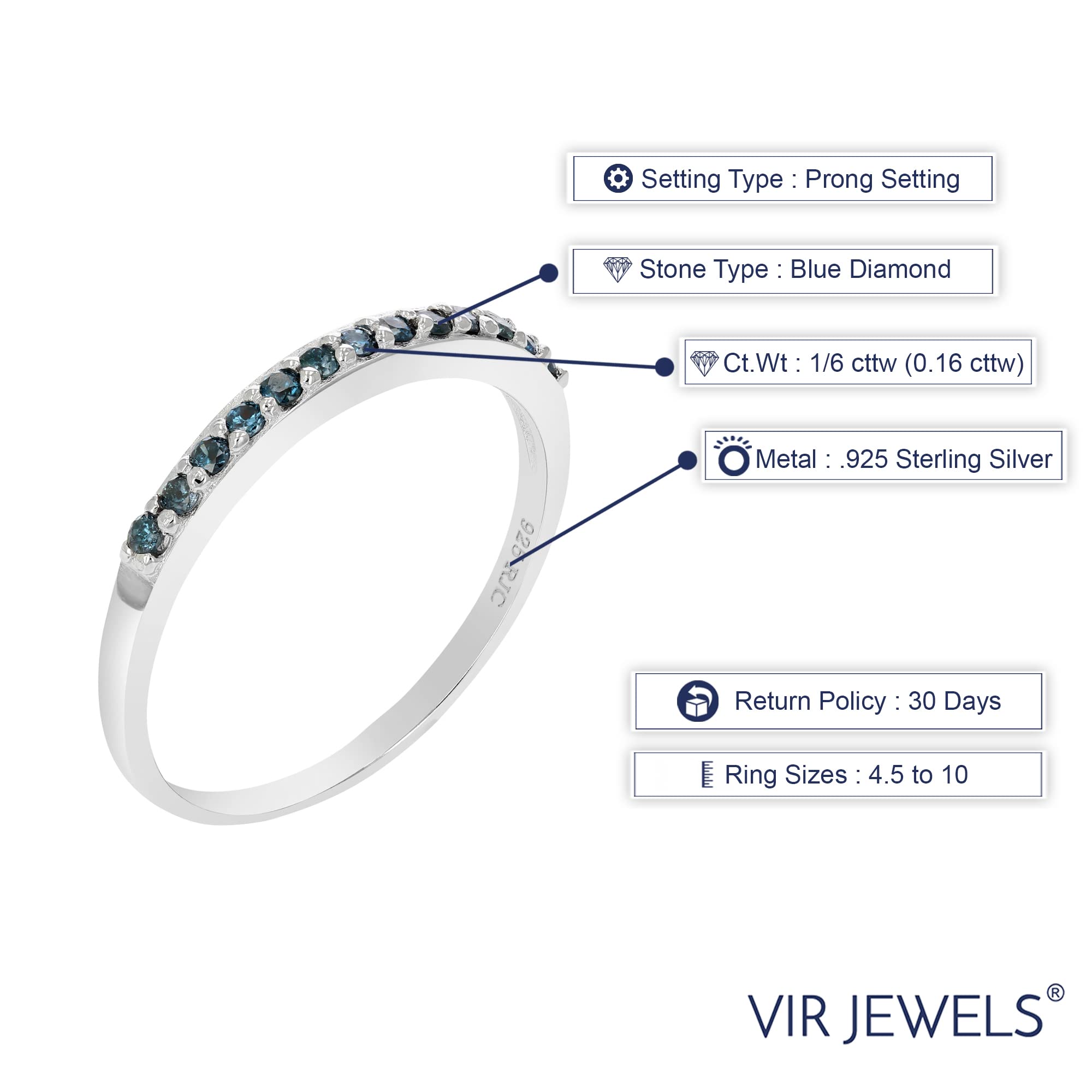 Vir Jewels 1/6 cttw Blue Diamond Ring Wedding Band .925 Sterling Silver Prong Set Round Size 8