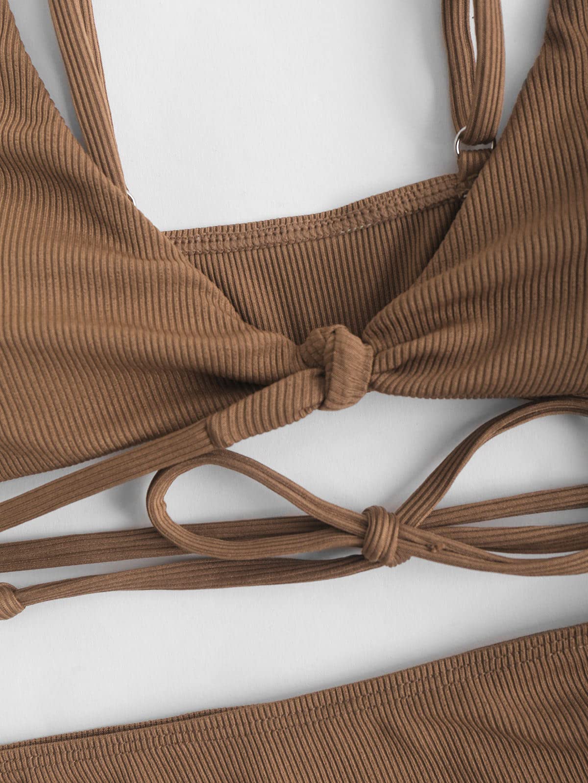 ZAFUL Women's Sexy Plunging Swimsuits Ribbed Front Knotted High Cut Swimwear Cute Bikini Set(A-Deep Coffee, S)