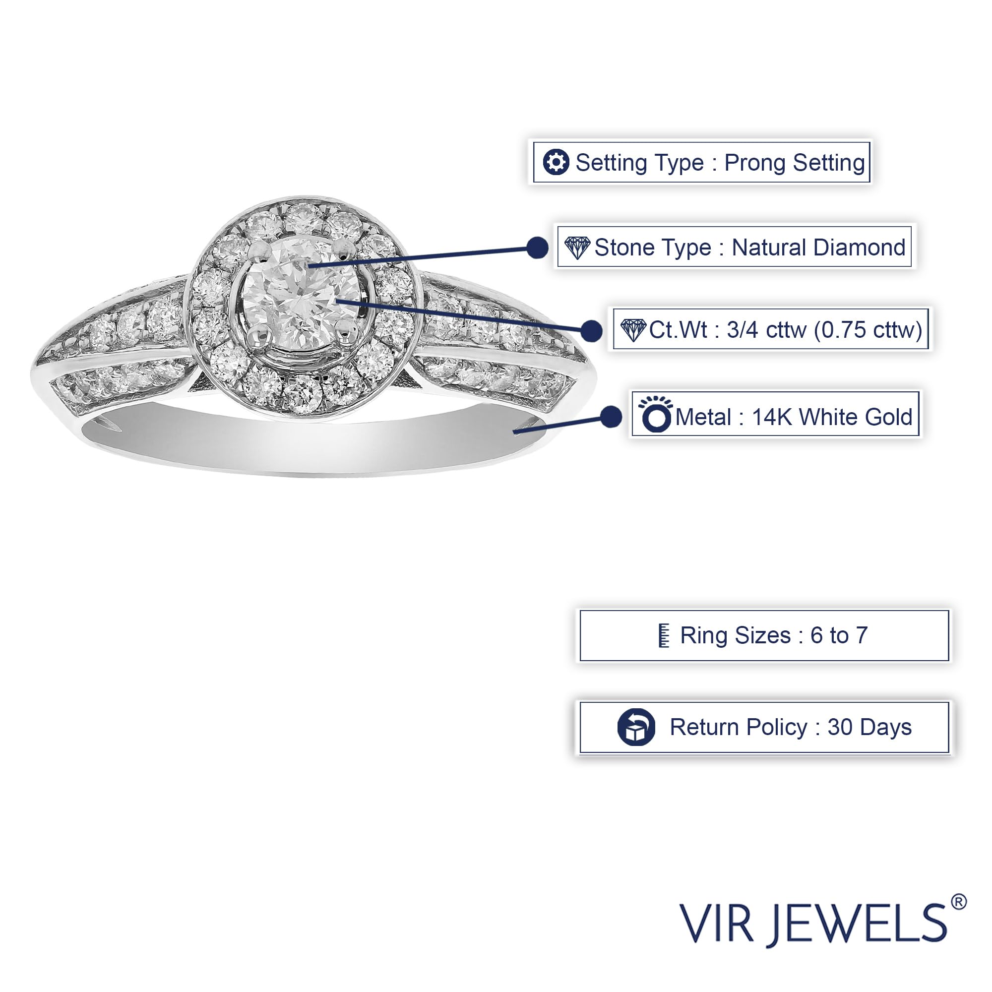 Vir Jewels 3/4 cttw Diamond Wedding Engagement Ring 14K White Gold Halo Prong Set Bridal Size 6