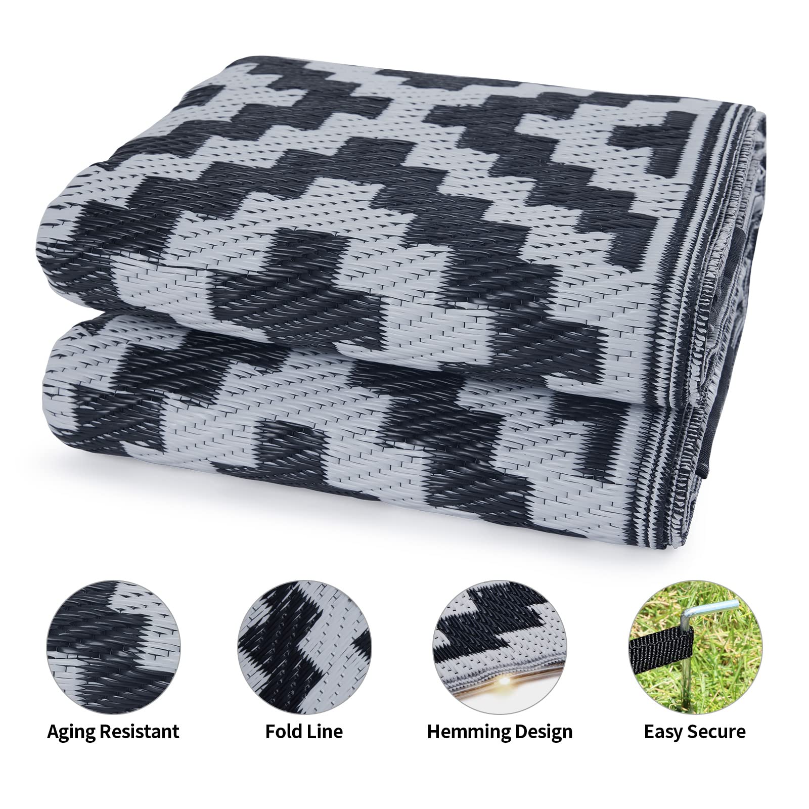 URBEST Outdoor Camping Mats Rugs Reversible Waterproof RV Deck Porch Plastic Rugs Black-White 9x12 Feet