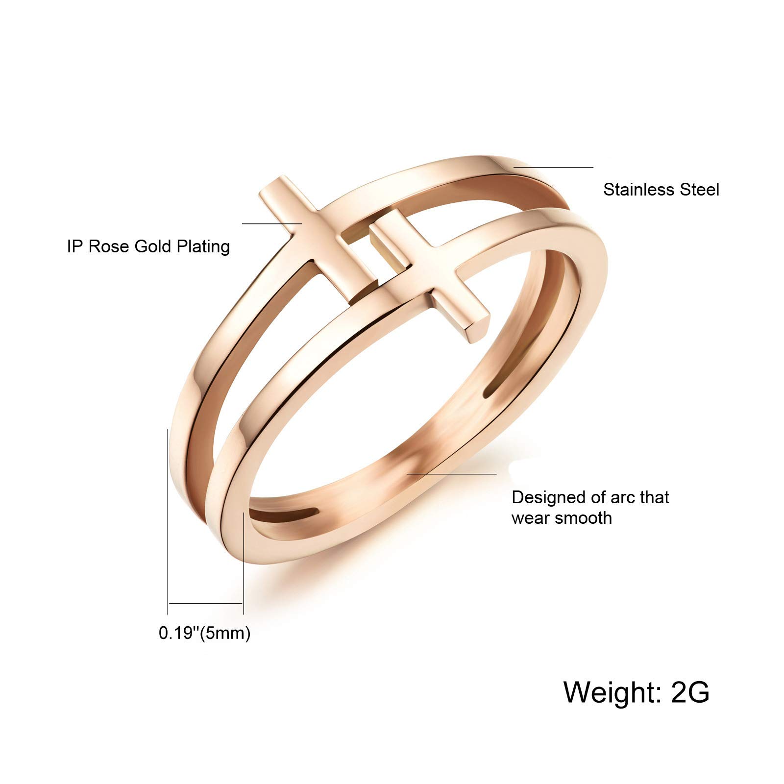 Womens Elegant 18K Rose Gold Stainless Steel Double Cross Ring Christian Fashion Wedding Engagement Band Size 8