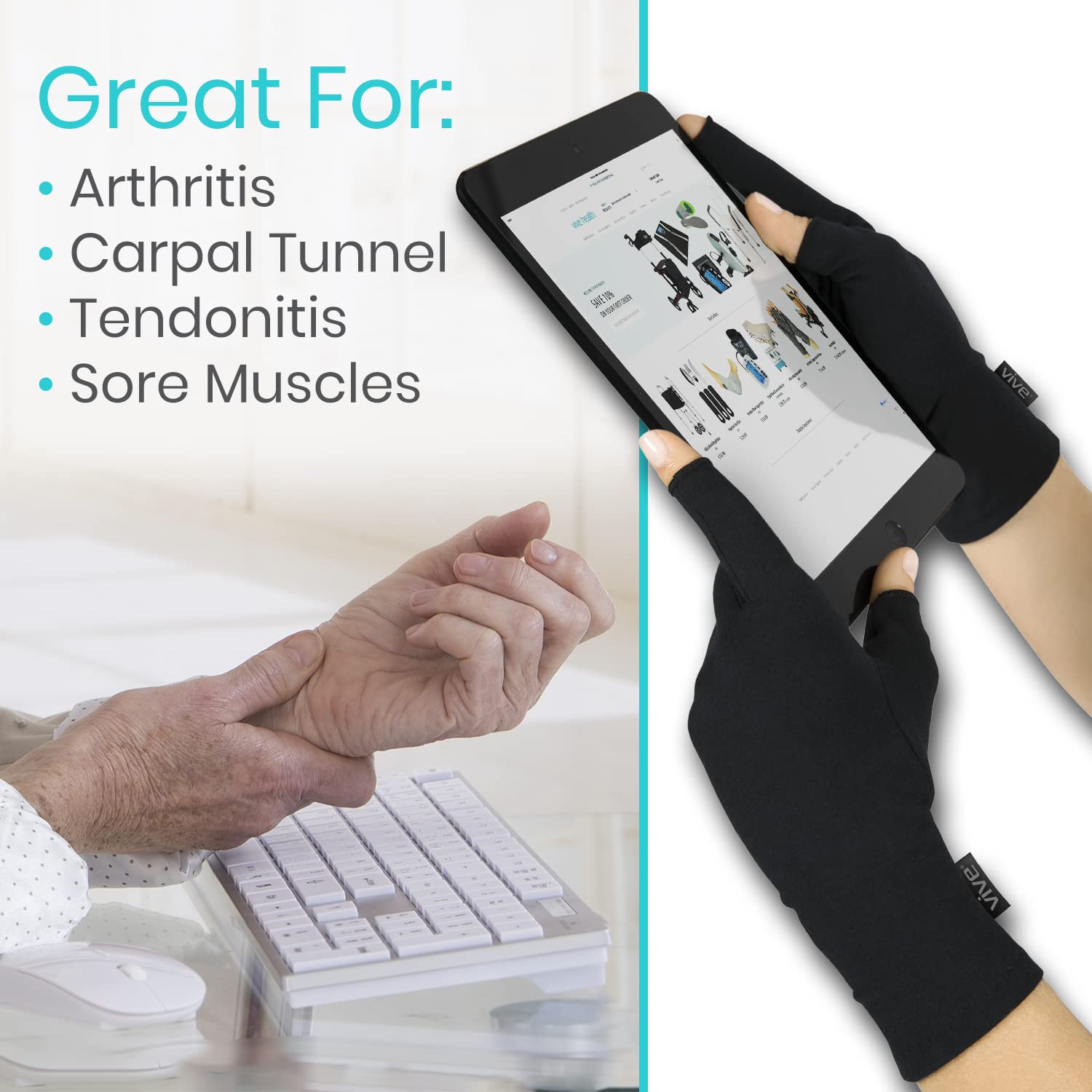 Vive Rheumatoid Arthritis Gloves - Men and Women Fingerless Compression Wrap for Hand Pain and Osteoarthritis - Black Hand Wrap for Arthritic Joint Symptom Relief - Open Finger Fit