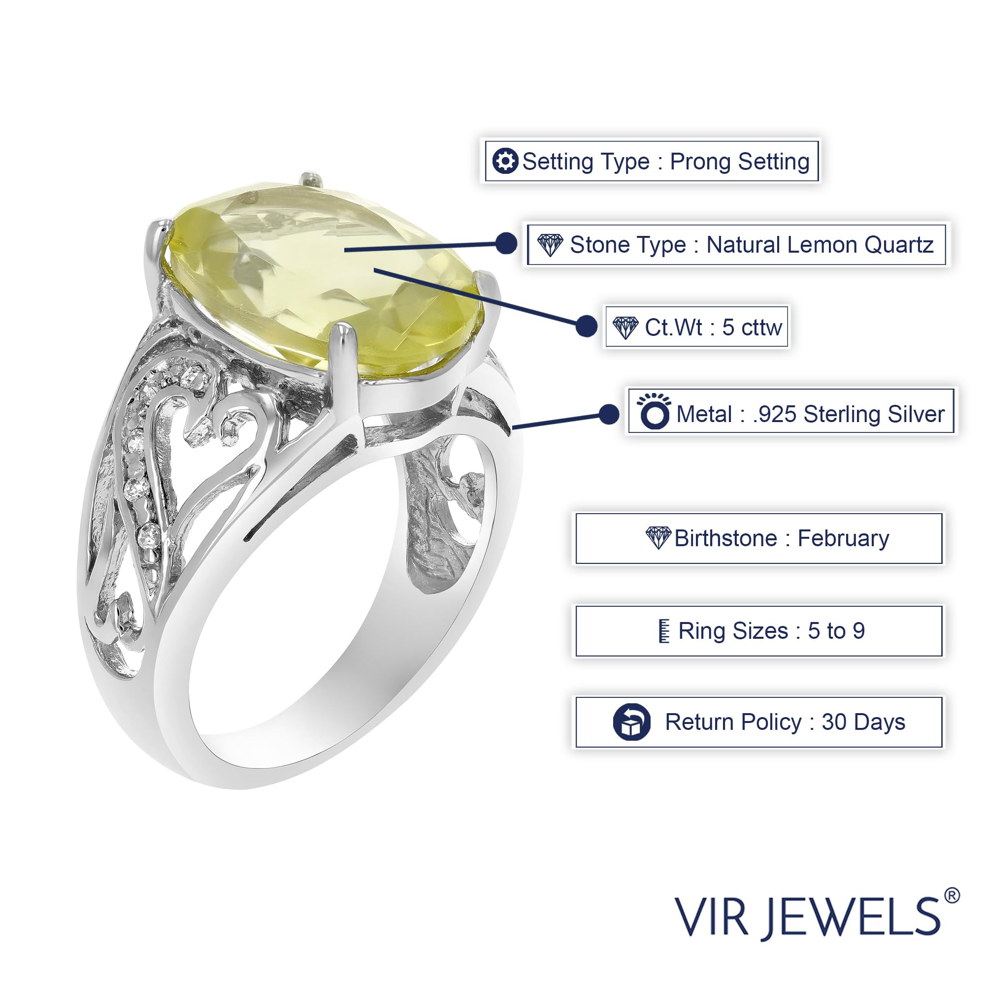 VIR JEWELS 5 cttw Lemon Quartz Ring .925 Sterling Silver with Rhodium Oval Shape 14x10 MM Size 5