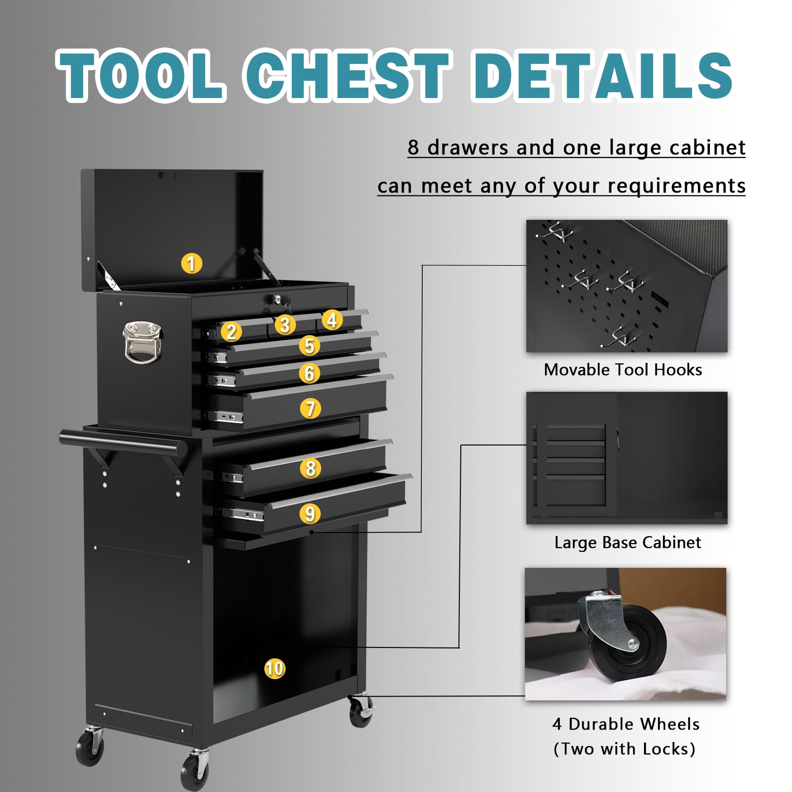 Yaciente Large 8-Drawer Tool Chest, High Capacity Tool Chest with Wheels, Removable Rolling Tool Box with Wheels, Portable Toolbox on Wheels (Black)