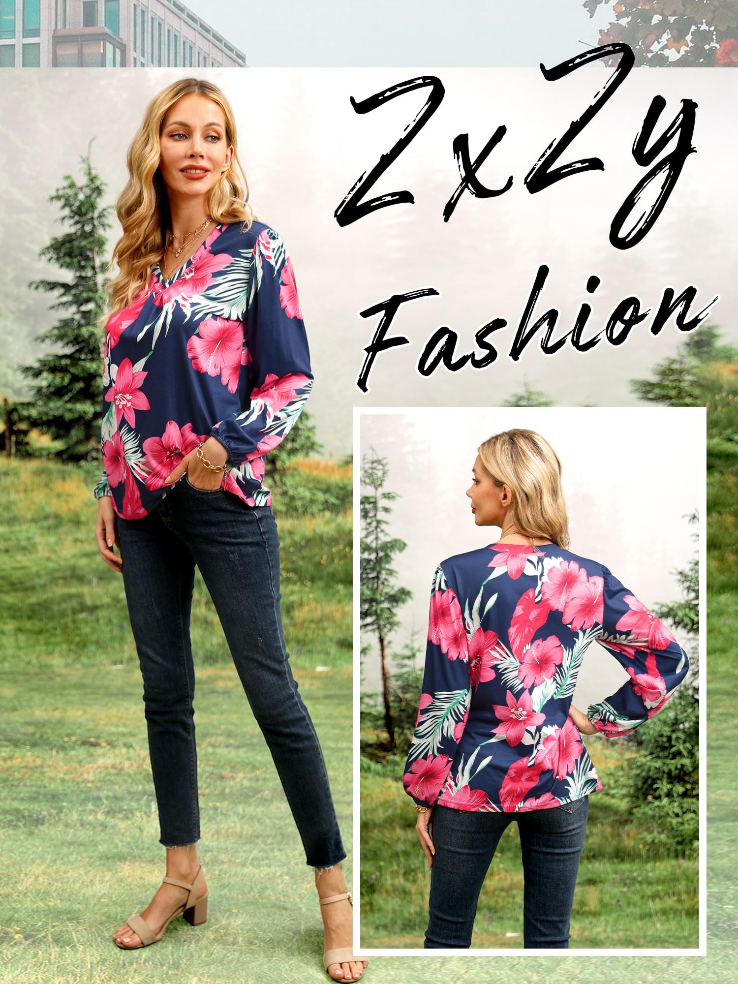ZXZY Womens Hawaiian Shirt Vintage Leaf Floral Printed Tropical Tops V Neck Puff Long Sleeves Shirts Blue