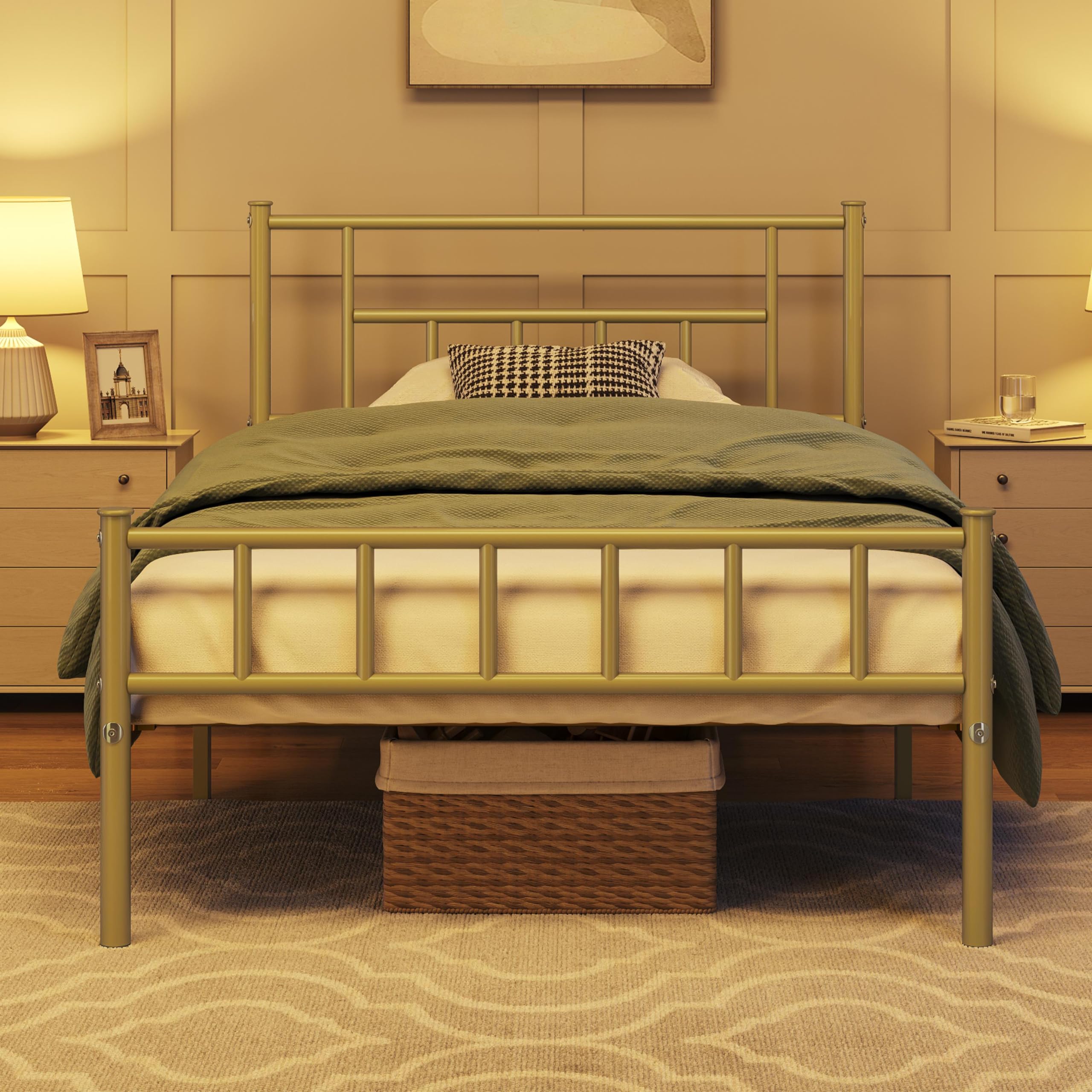 Yaheetech 13 inch King Size Metal Bed Frame with Headboard and Footboard Platform Bed Frame with Storage No Box Spring Needed Mattress Foundation Antique Gold