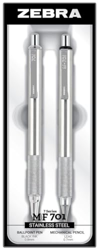 Zebra Pen M/F 701 Stainless Steel Mechanical Pencil and Ballpoint Pen Set, Fine Point, 0.7mm HB Lead and 0.8mm Black Ink, 2-Count Gift Set, Silver (10519)