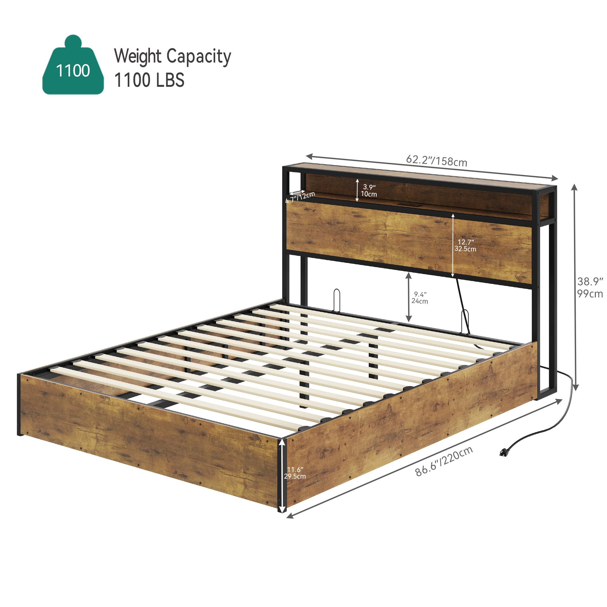 YITAHOME Lift Storage Bed Frame, Queen Size Bed Frame with 2-tier Storage Shelf Headboard, LED Light Platform Bed Frame with Charging Station, No Spring Box Needed, Rustic Brown