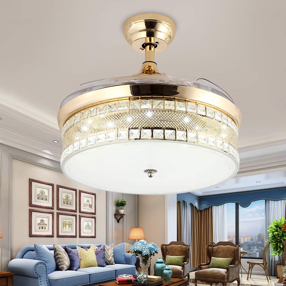 US DELIVER 42" Crystal Ceiling Fan Chandelier Retractable Blade Ceiling Fan with Light Dimmable Ceiling Fan Lamp Fandelier with Remote Control 3-Color 3-Speed 2 Down Rod (Golden)